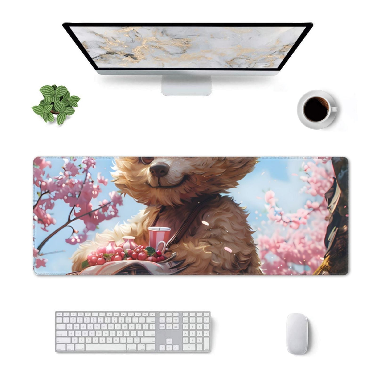Pofeuu Romantic Floral Bear Print Desk Mat for Keyboard and Mouse ...