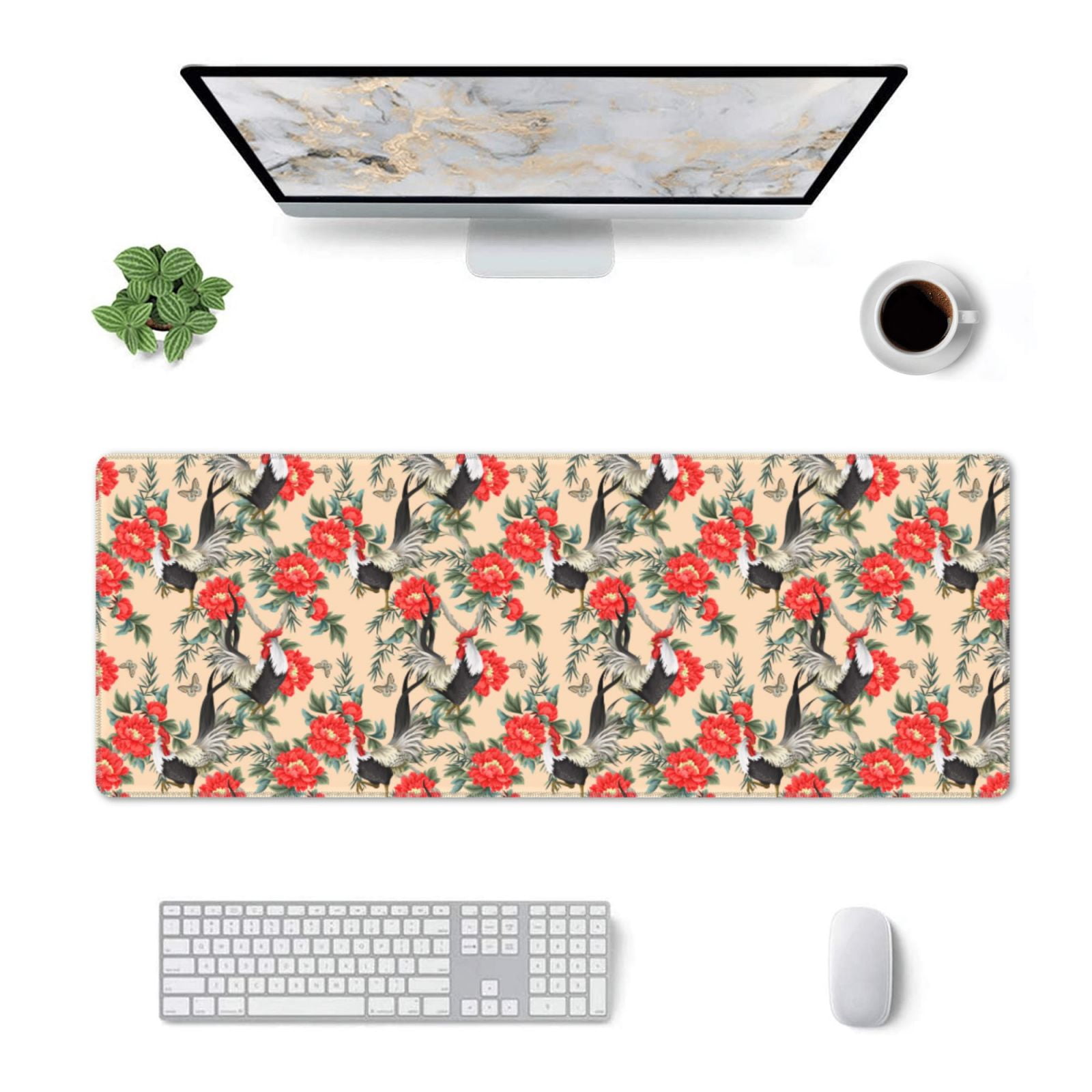Pofeuu Roosters And Peonies Flowers Print Desk Mat for Keyboard and ...