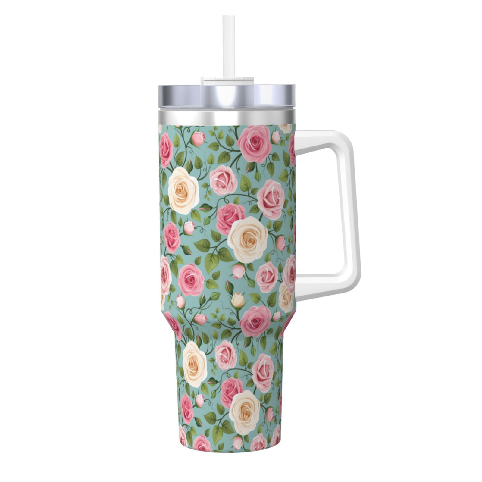 Pofeuu Rose Flowers Print 40oz Ice Bully With Handle And Straw ...