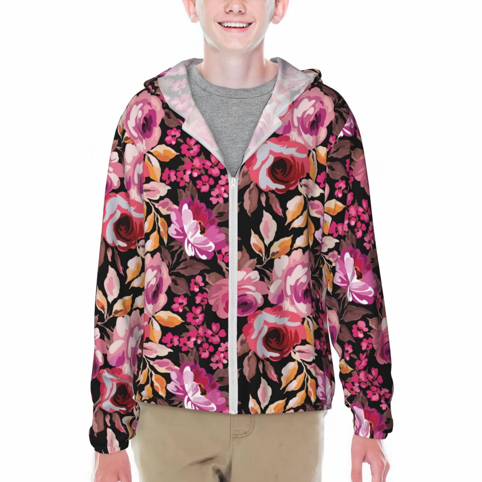 Pofeuu Rose Flowers Print Kids Active Zipper Sun Protection Jacket Boys Girls Hooded Cooling ...