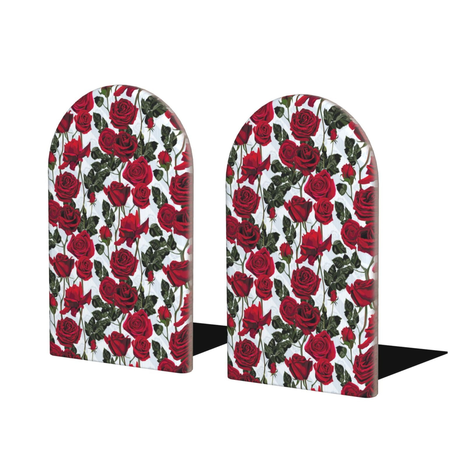 Pofeuu Rose Flowers Print Large Bookend Hold Heavy Books- Wood Bookends ...