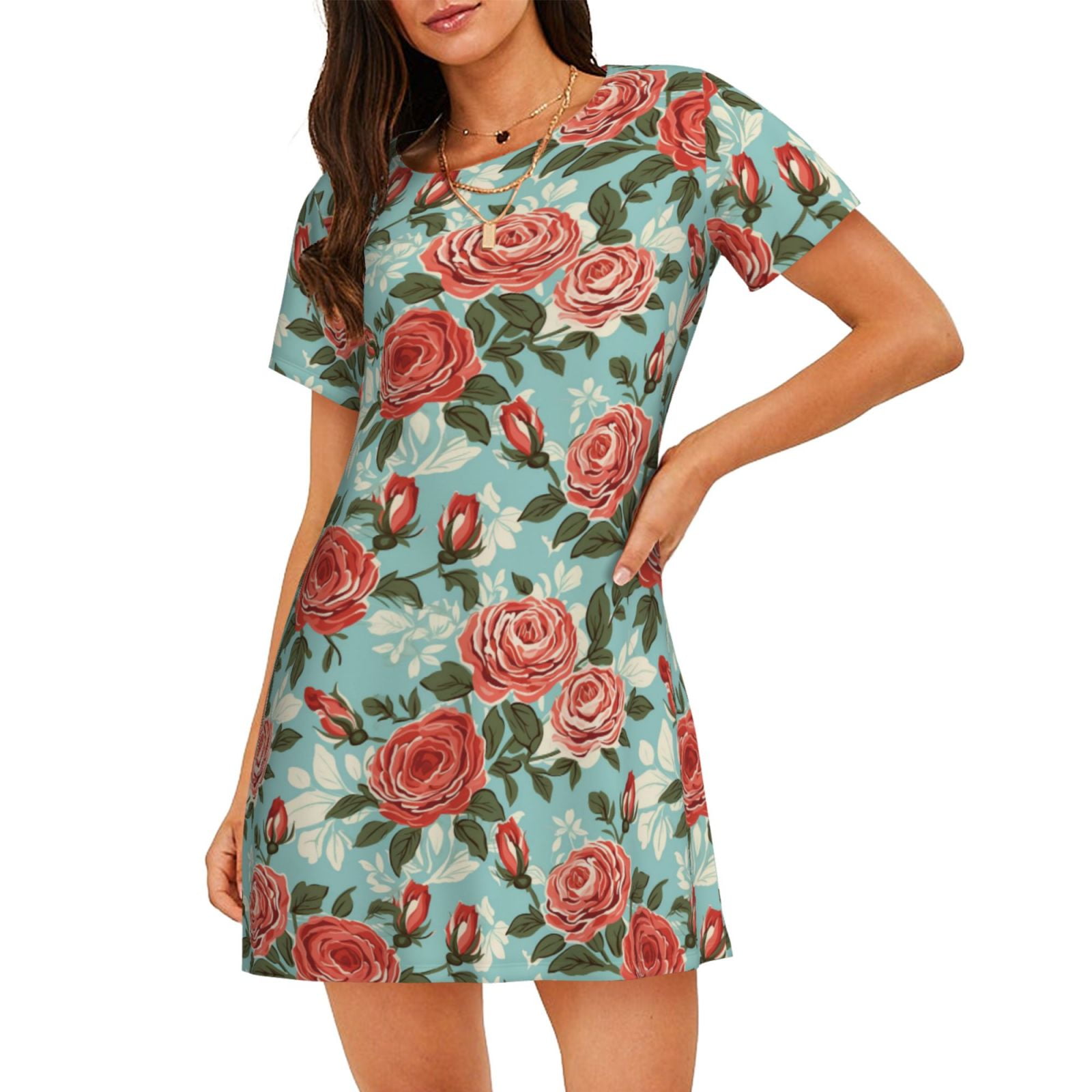 Pofeuu Rose Flowers Print Women's Loose Fit Short Sleeve Nightgown ...