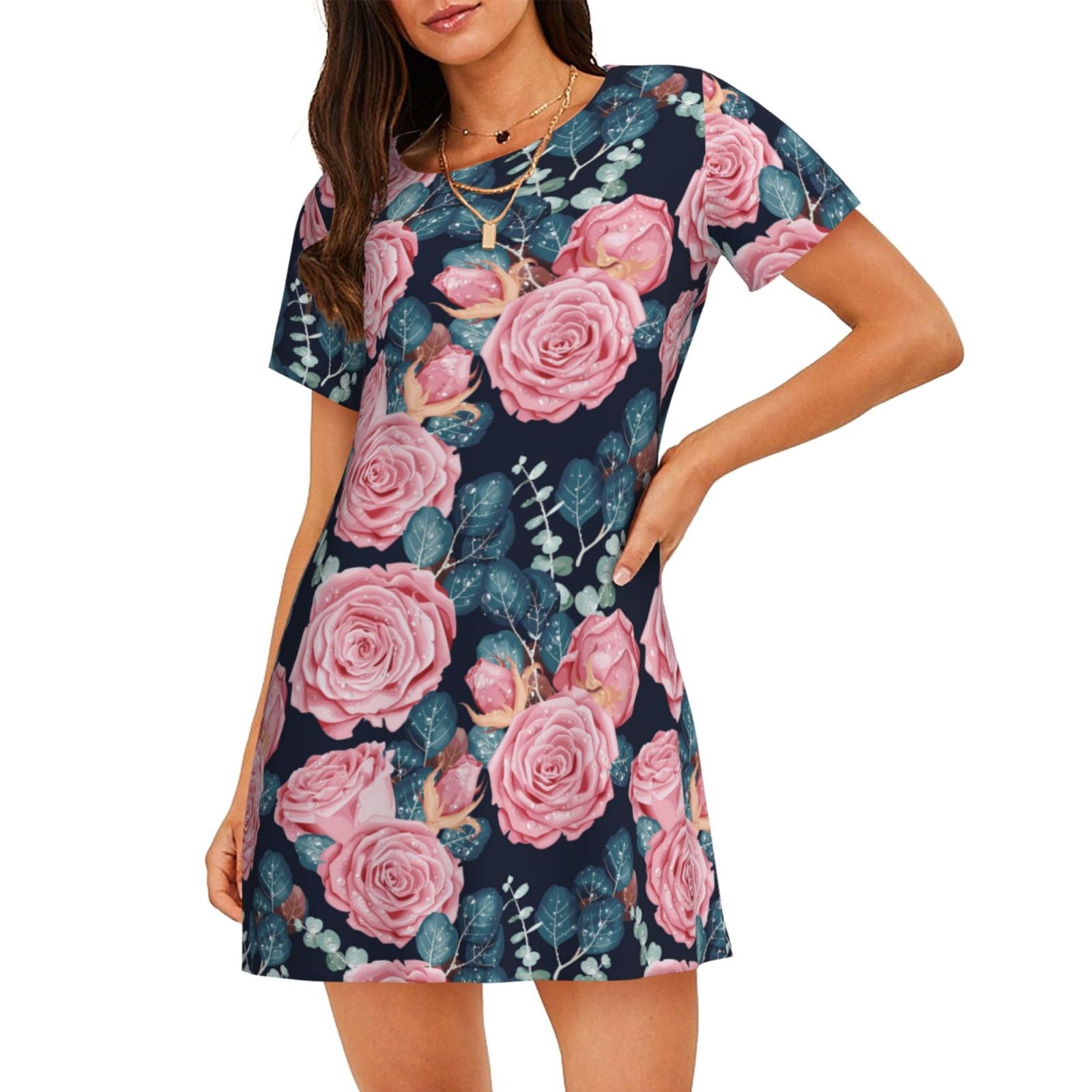 Pofeuu Rose Flowers Print Women's Loose Fit Short Sleeve Nightgown ...