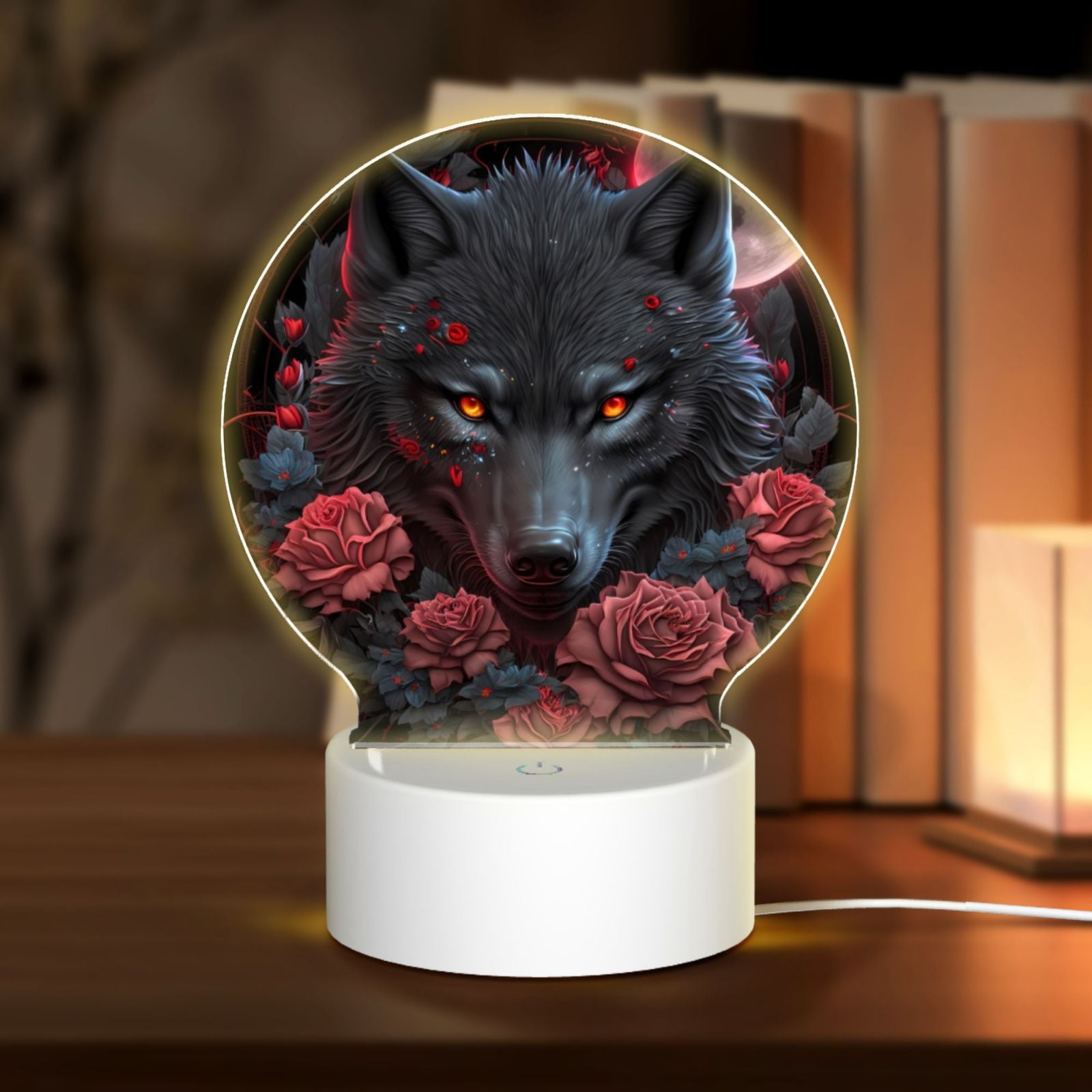 Pofeuu Rose Full Moon Black Wolf Print LED Christmas Night Light Lamp ...