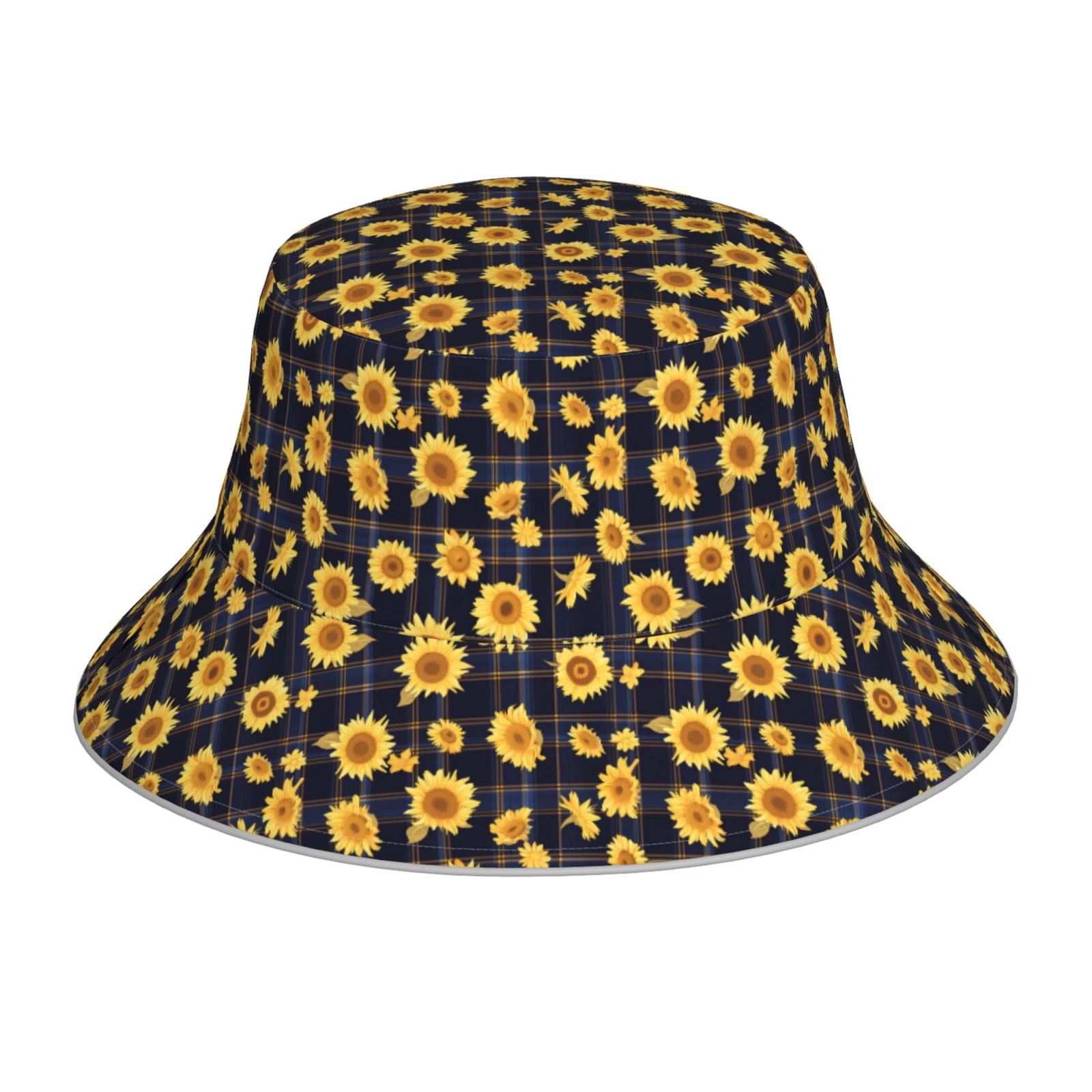 Pofeuu Royal Blue Plaid Sunflower Print Bucket Hat for Women Men ...