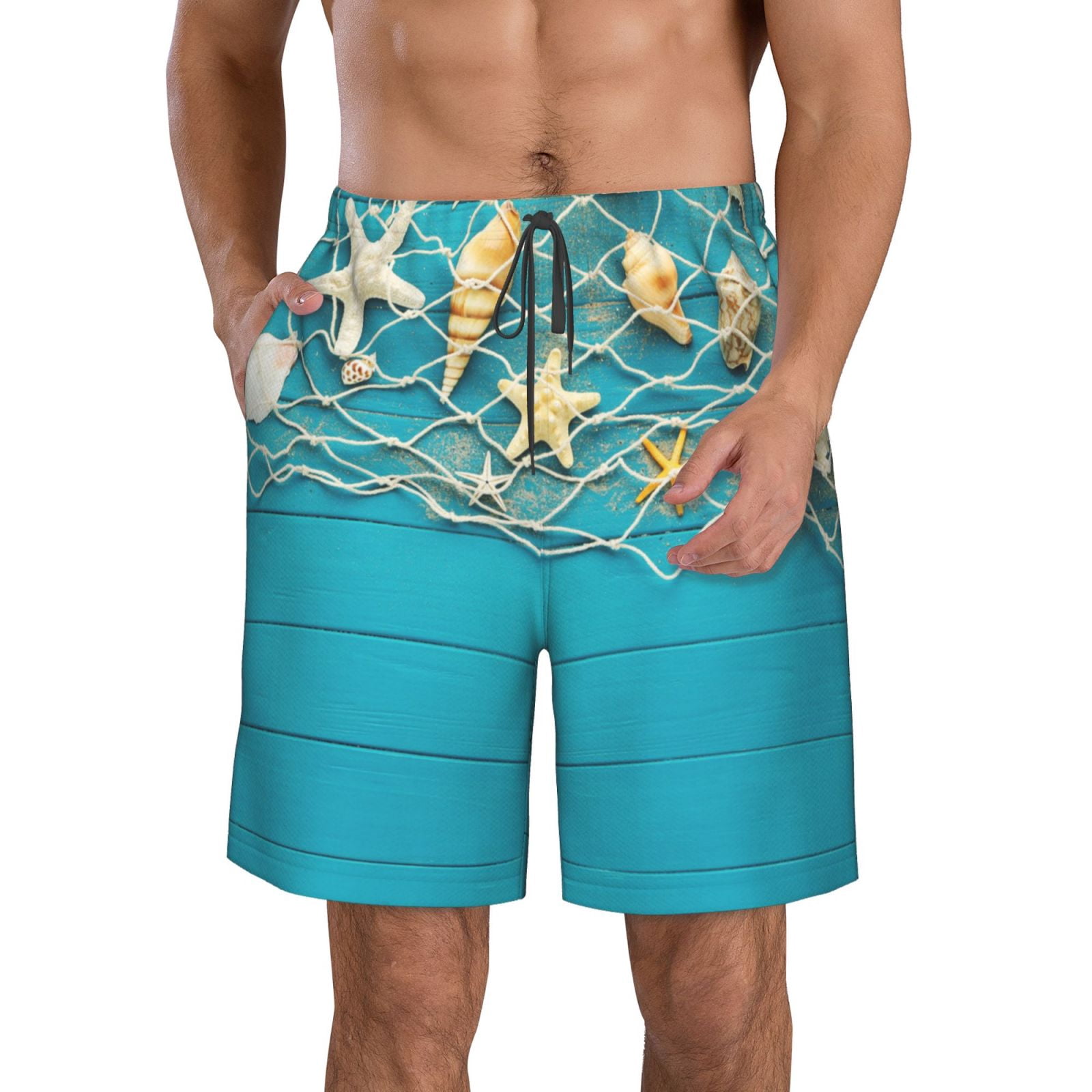 Pofeuu Seashells And Fishing Net On Blue Wooden Table Prin Men's Swim ...