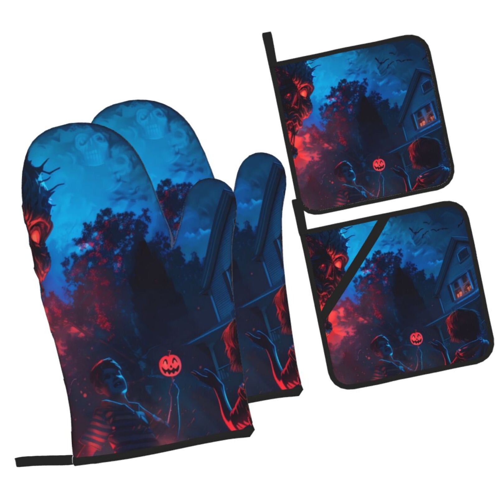 Pofeuu Spooky Halloween Night Scene Print Oven Mitts and Pot Holders 4 ...