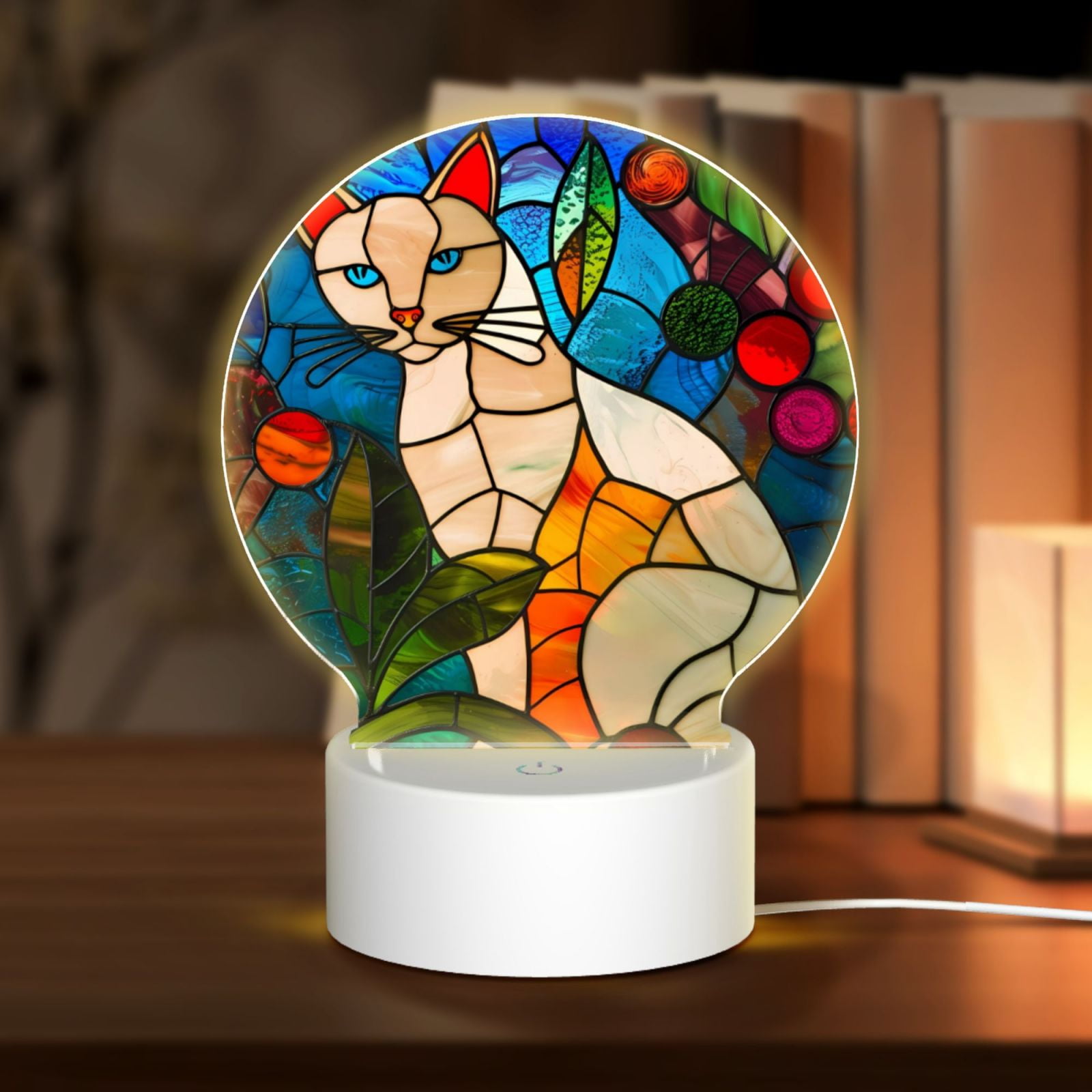 Pofeuu Stained Glass Cat Art Print LED Christmas Night Light Lamp Base ...