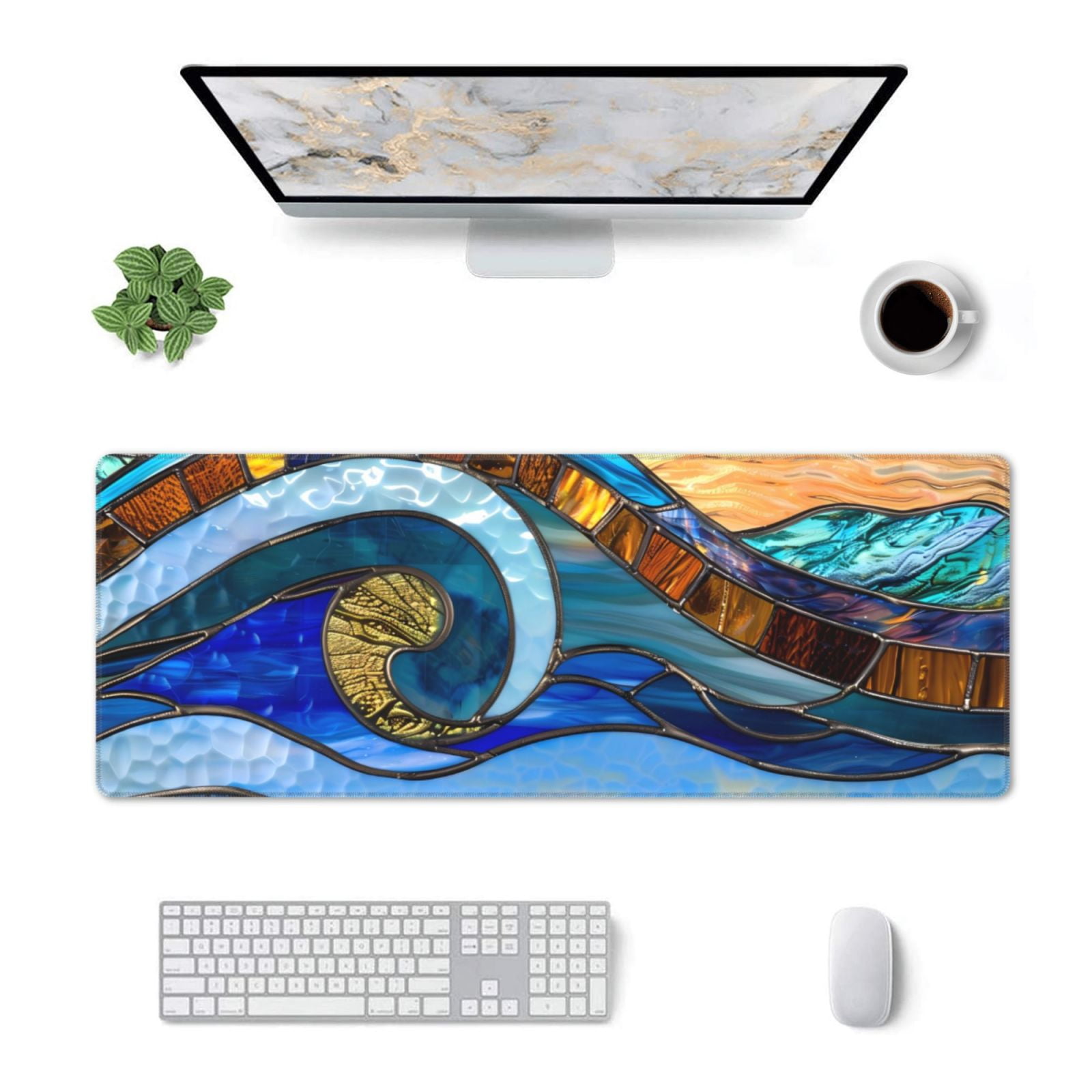 Pofeuu Stained Glass Ocean Wave Print Desk Mat for Keyboard and Mouse ...