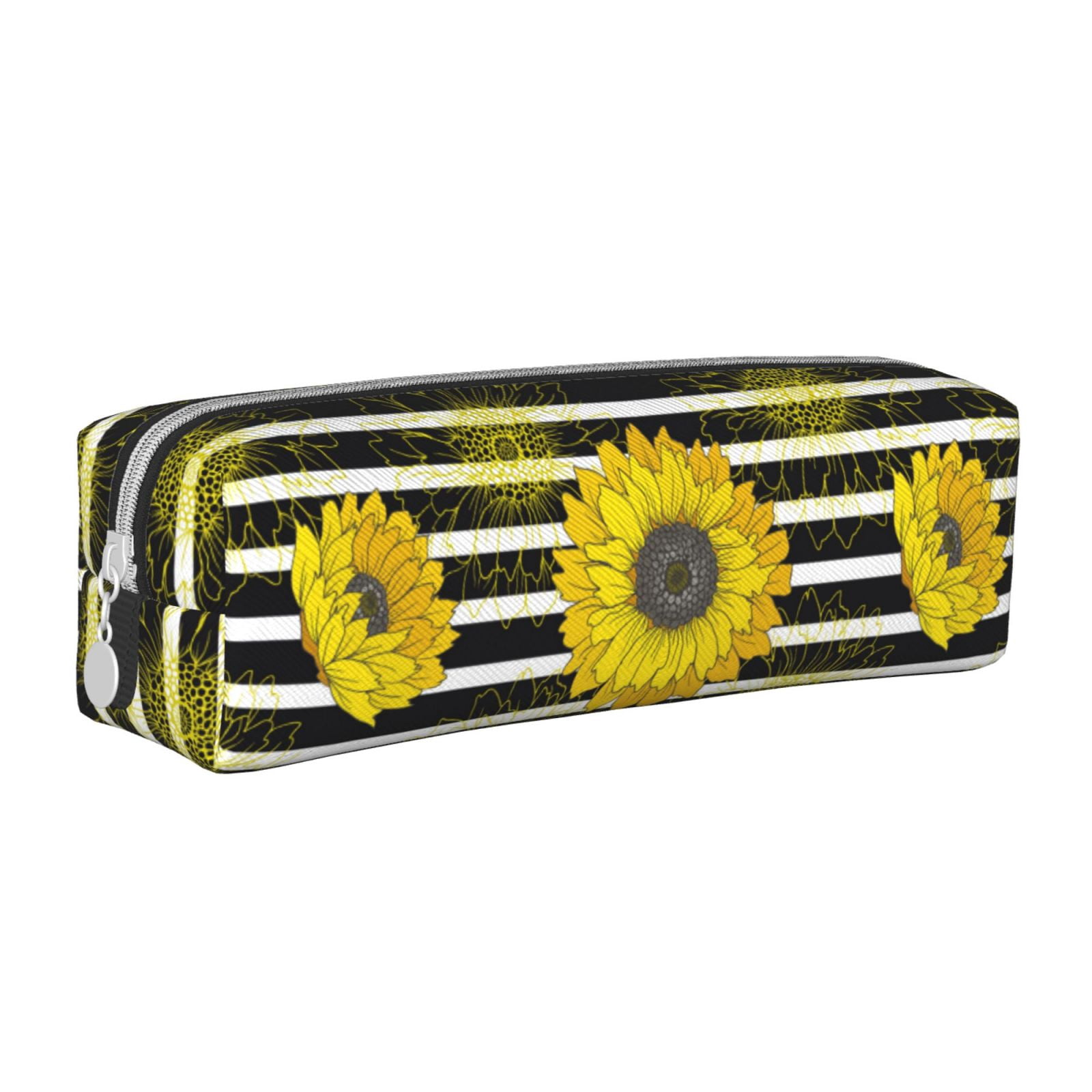 Pofeuu Sunflowers On Black And White Stripes Print Leather Pencil Case ...