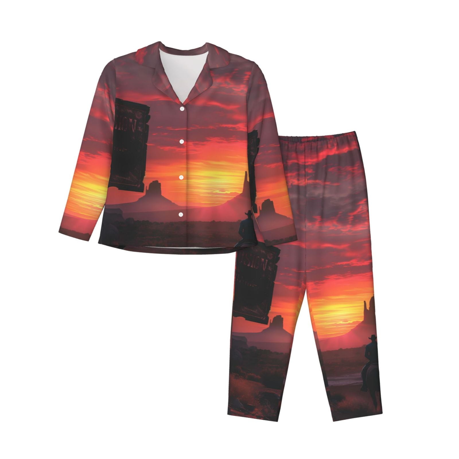 Pofeuu Sunset Western Desert Cowboy Print Womens Pajamas Set Long ...
