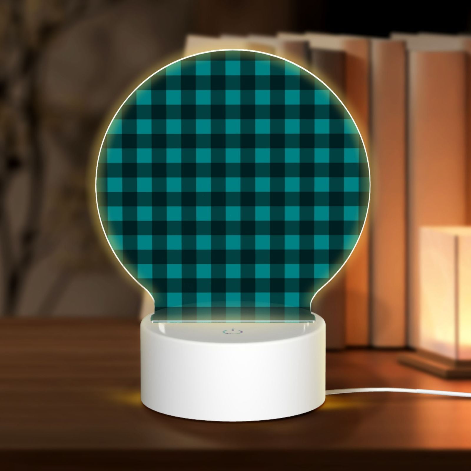 Pofeuu Teal On Black Plaid Print LED Christmas Night Light Lamp Base ...
