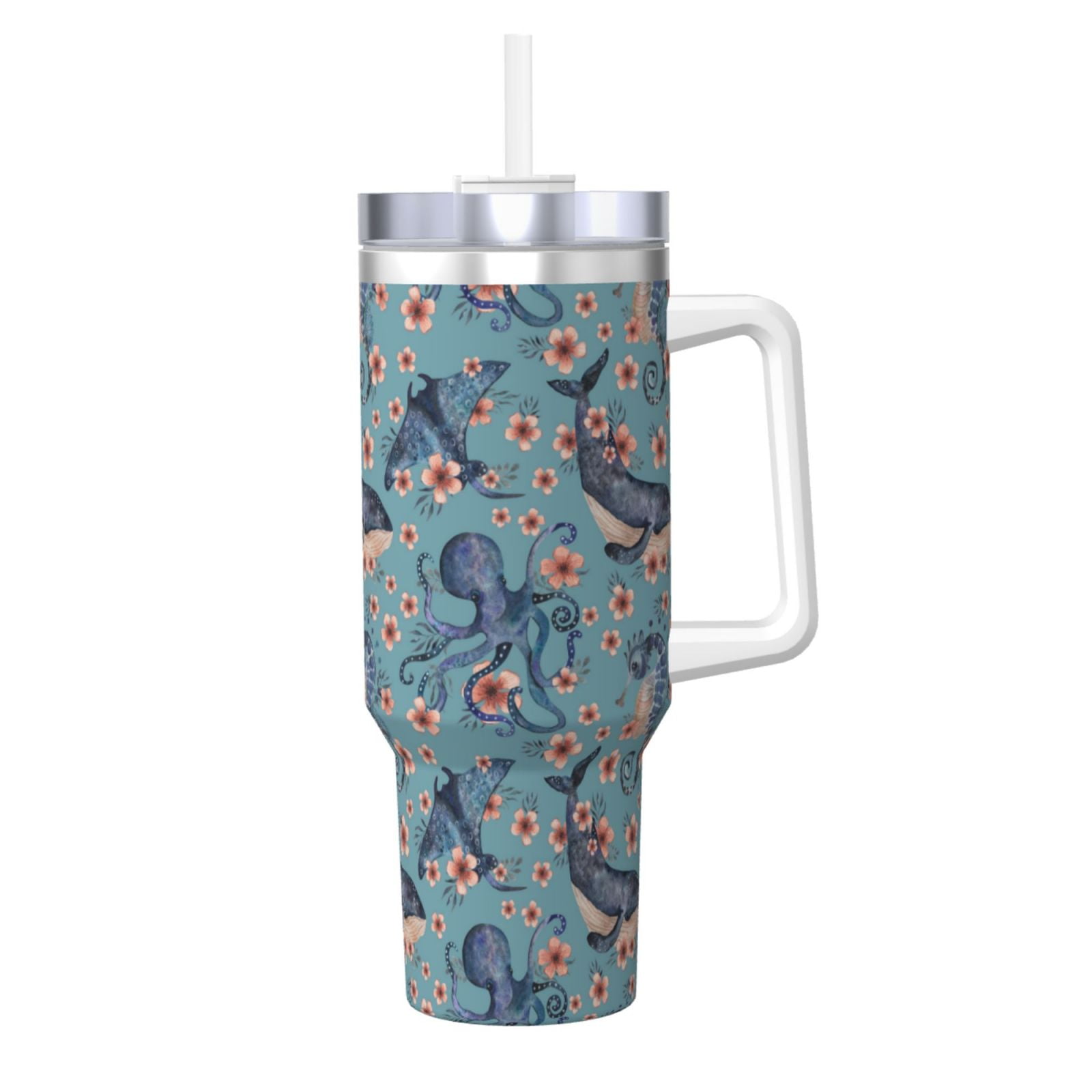 Pofeuu Underwater Animals and Flowers Print 40oz Ice Bully With Handle ...