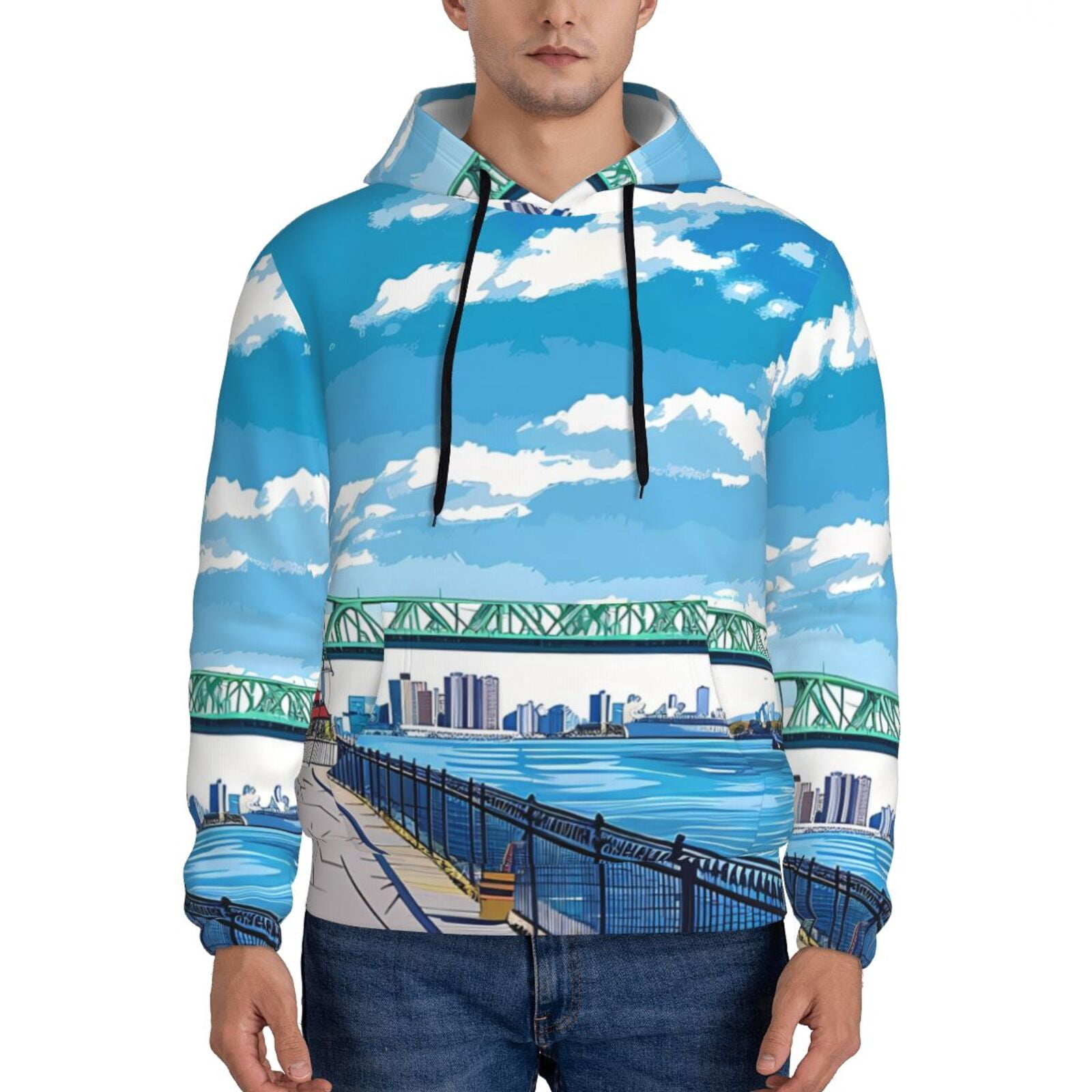 Pofeuu Urban Riverside Clock Tower Print Mens Casual Hooded Collar ...