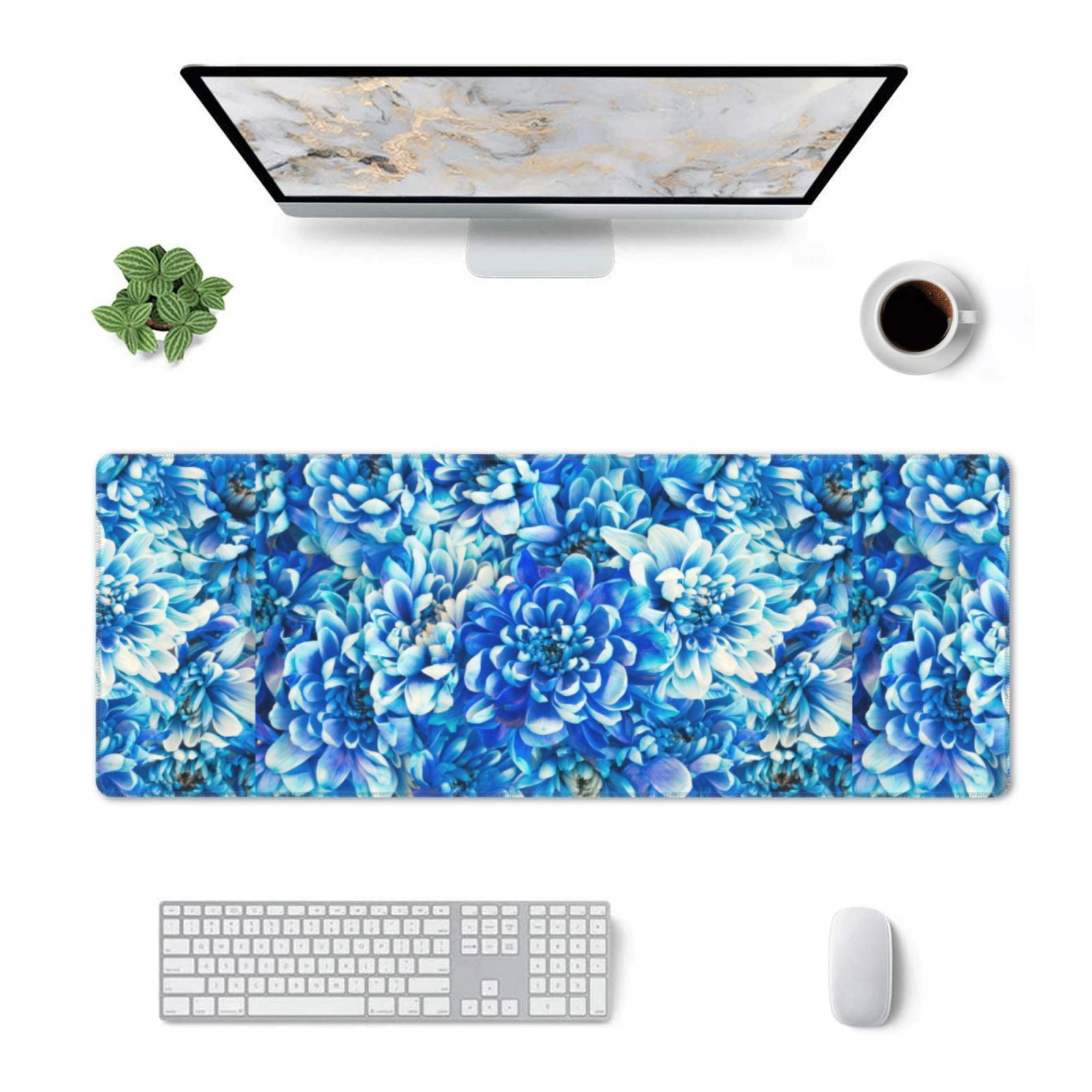 Pofeuu Vibrant Blue Floral Print Desk Mat for Keyboard and Mouse ...