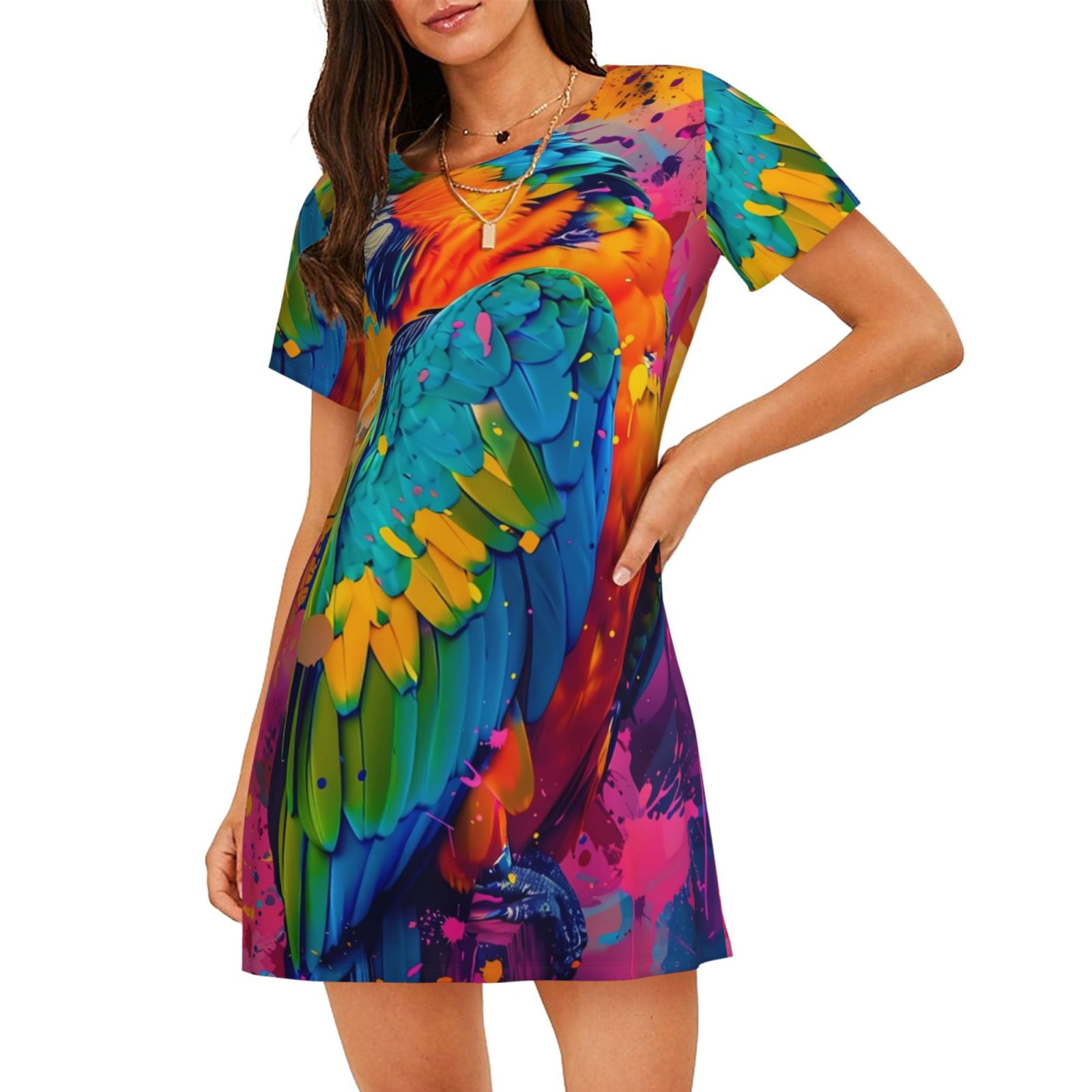Pofeuu Vibrant Parrot Splash Art Print Women's Loose Fit Short Sleeve ...