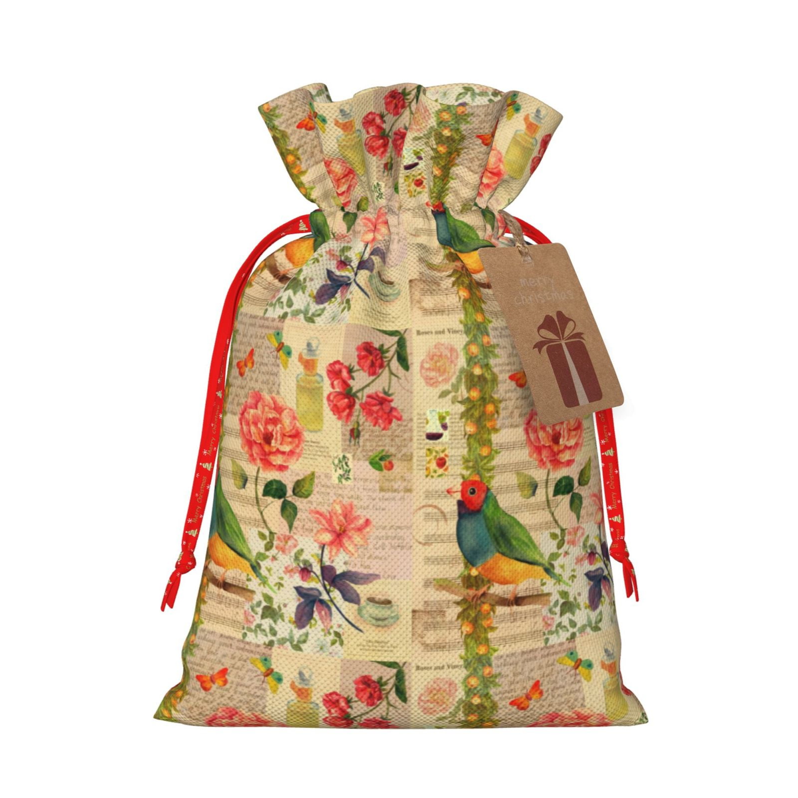 Pofeuu Vintage Bird Print Burlap Bags with Drawstrings Drawstring Gift ...