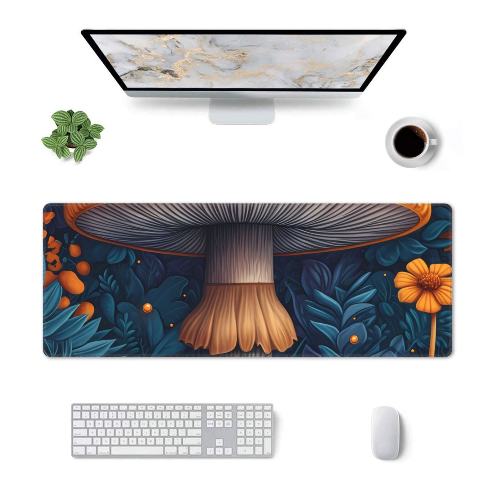 Pofeuu Vintage Blue Leaf Mushroom Print Desk Mat for Keyboard and Mouse ...