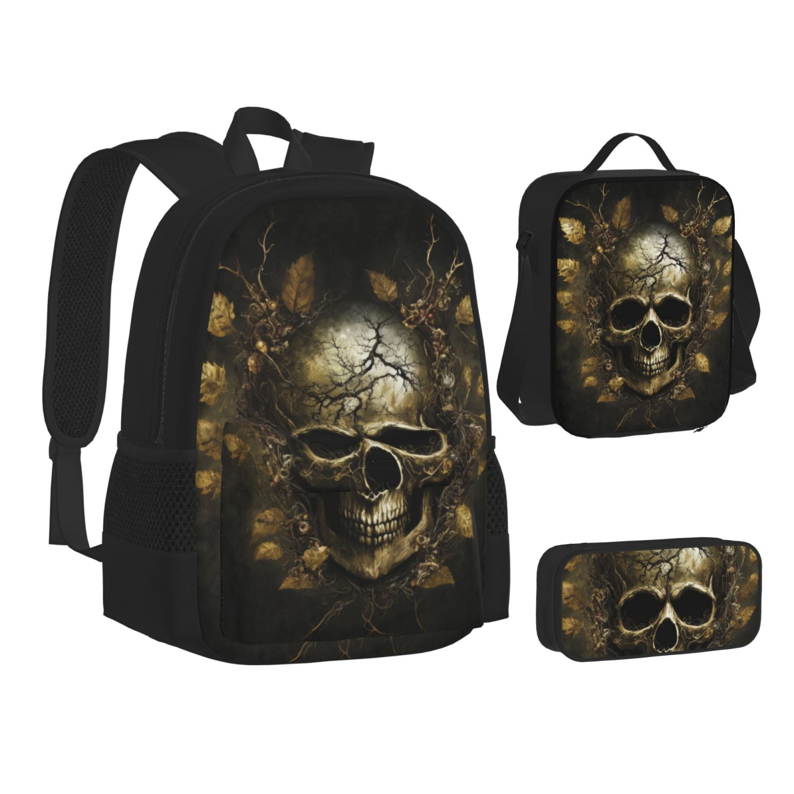 Pofeuu Vintage Gold Leaf Skull Print Backpack Travel Backpacks With ...