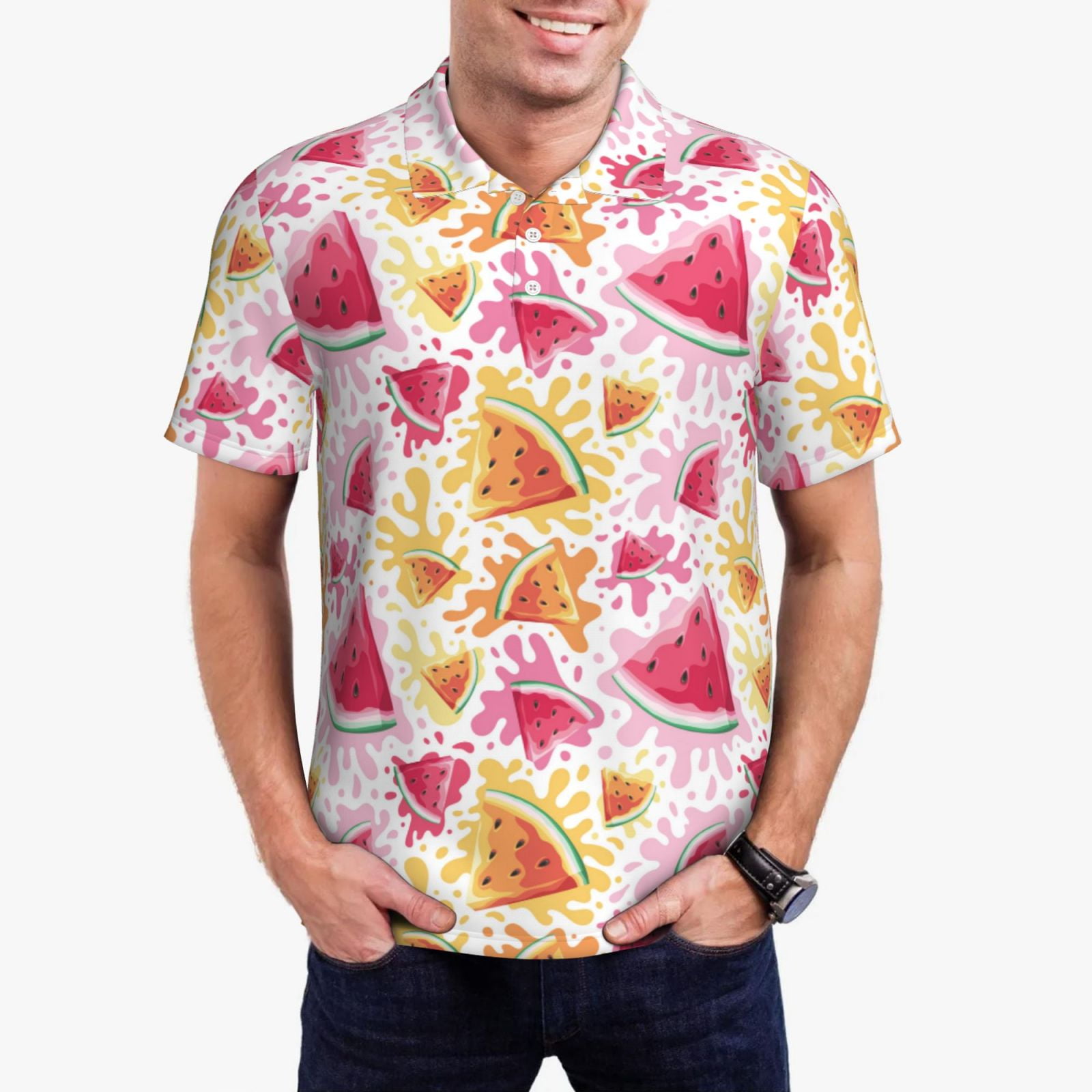 Pofeuu Watermelon Print Men's Loose Fit Midweight Short-Sleeve Pocket ...