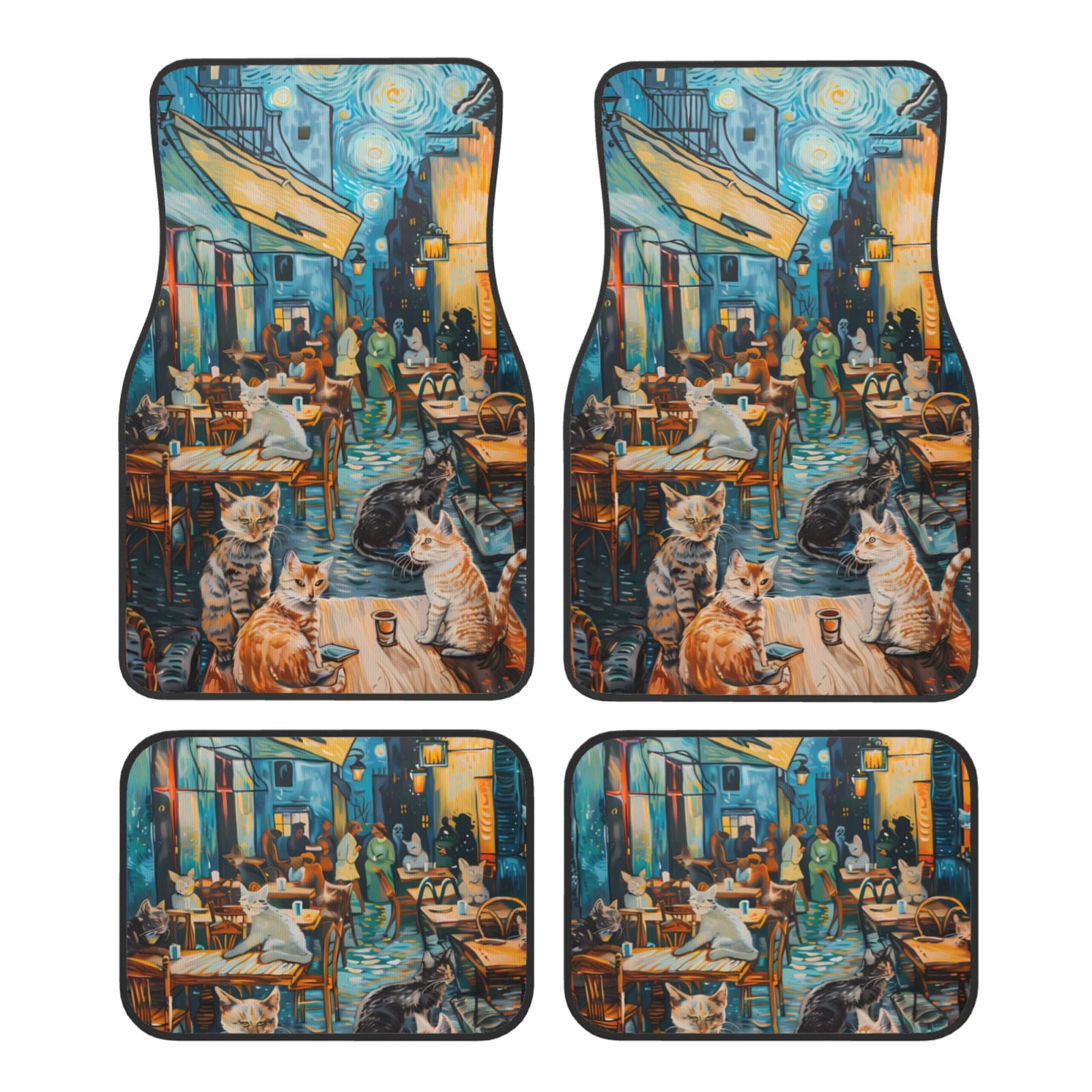 Pofeuu Whimsical Cats Night Cafe Print Car Foot Mat Set of 4 Pieces ...