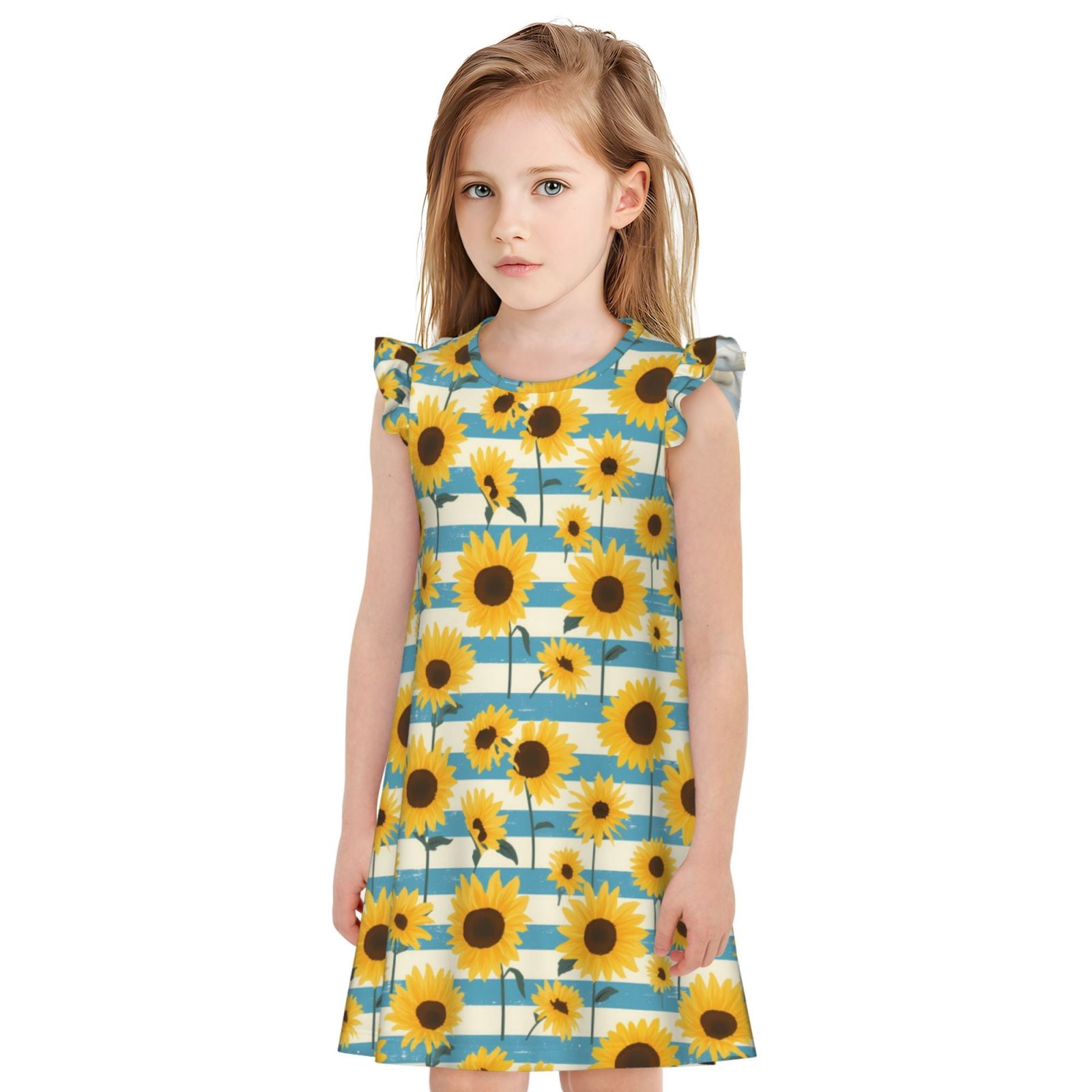 Pofeuu White Blue Striped Sunflower Print Girls Nightgowns, Nightgown ...