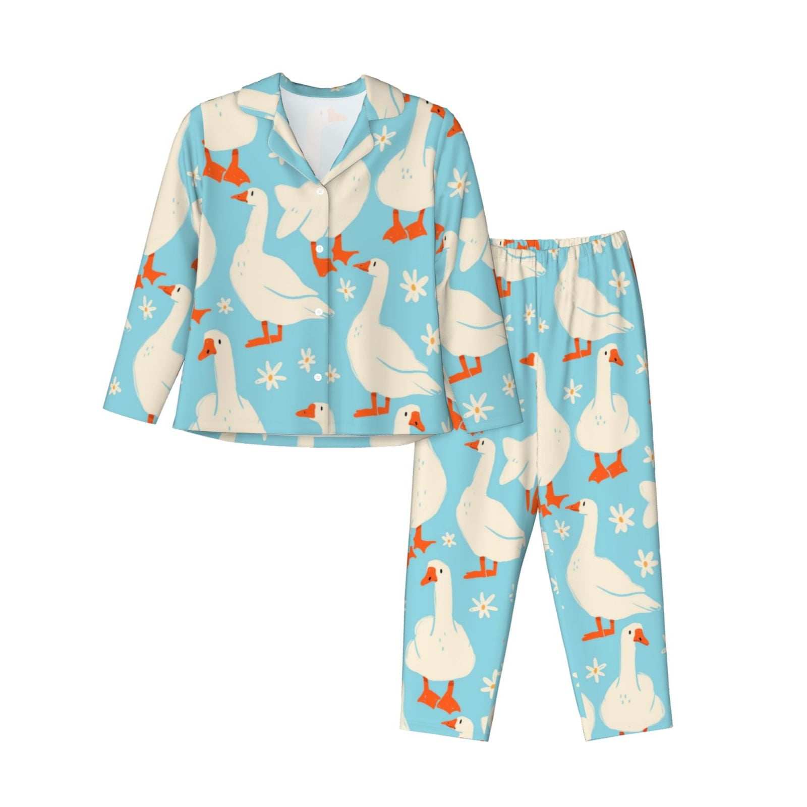 Pofeuu White Geese and Flower Print Womens Pajamas Set Long Sleeve ...