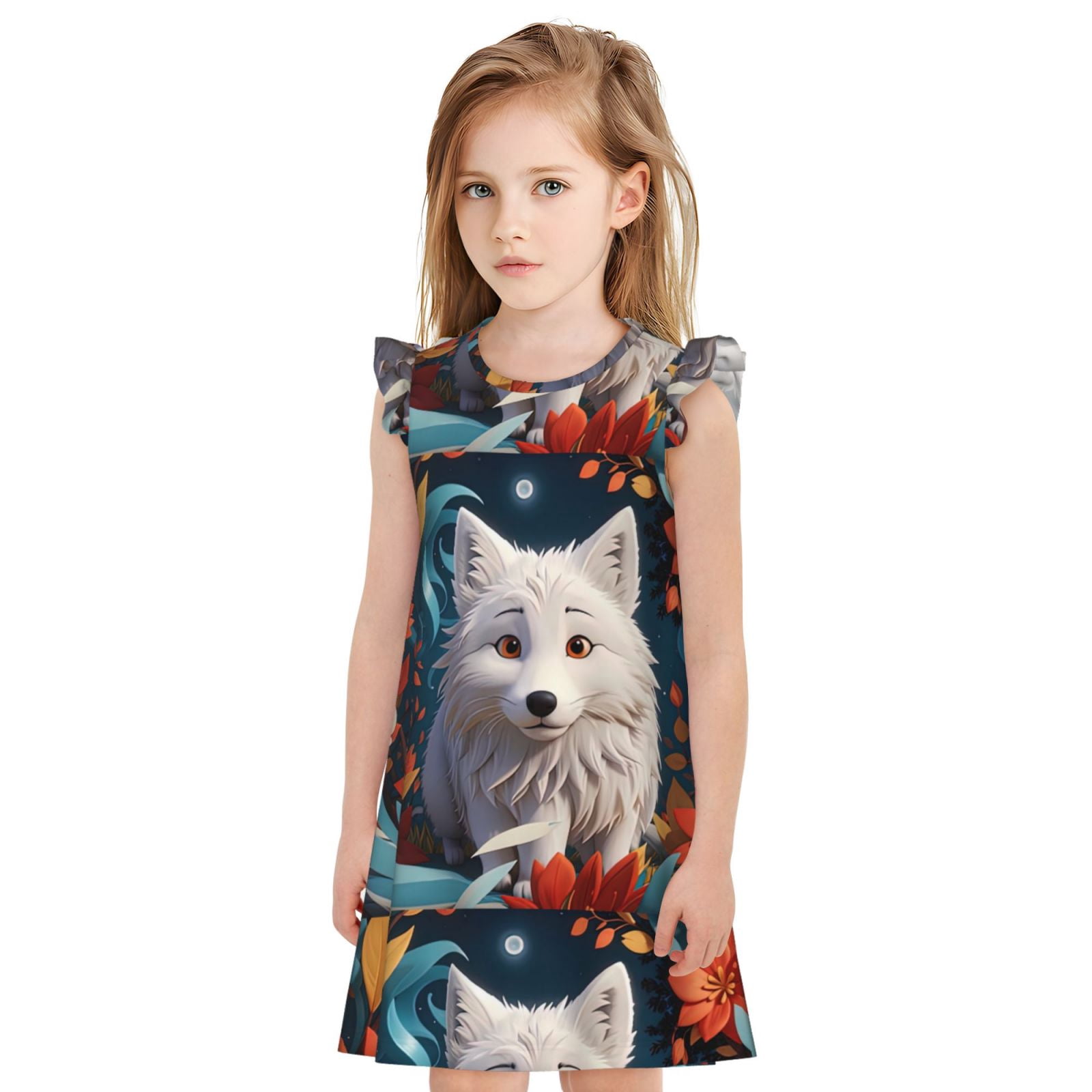 Pofeuu White Wolf With Flowers Print Girls Nightgowns, Nightgown ...