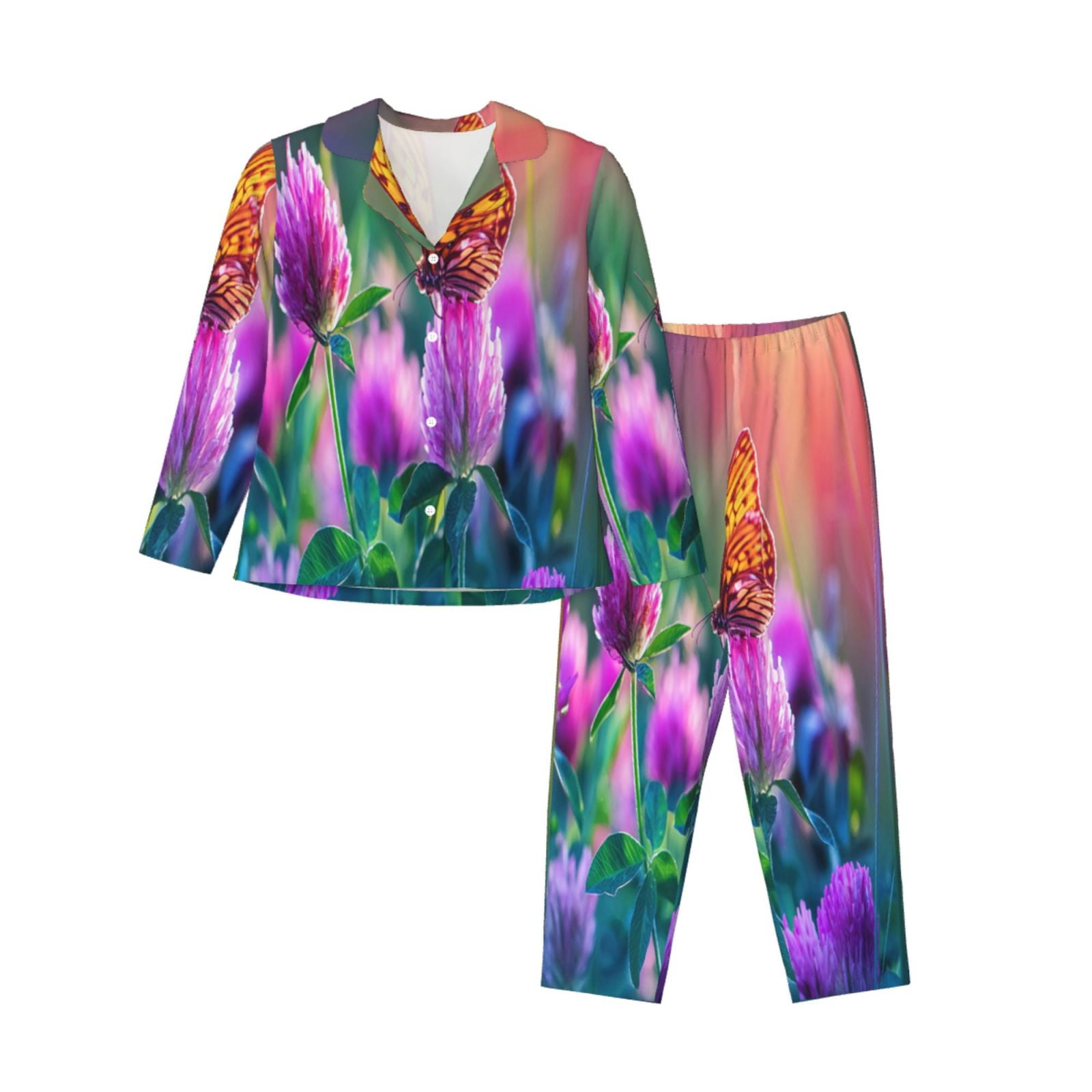 Pofeuu Wild flowers of clover and butterfly Print Womens Pajamas Set ...