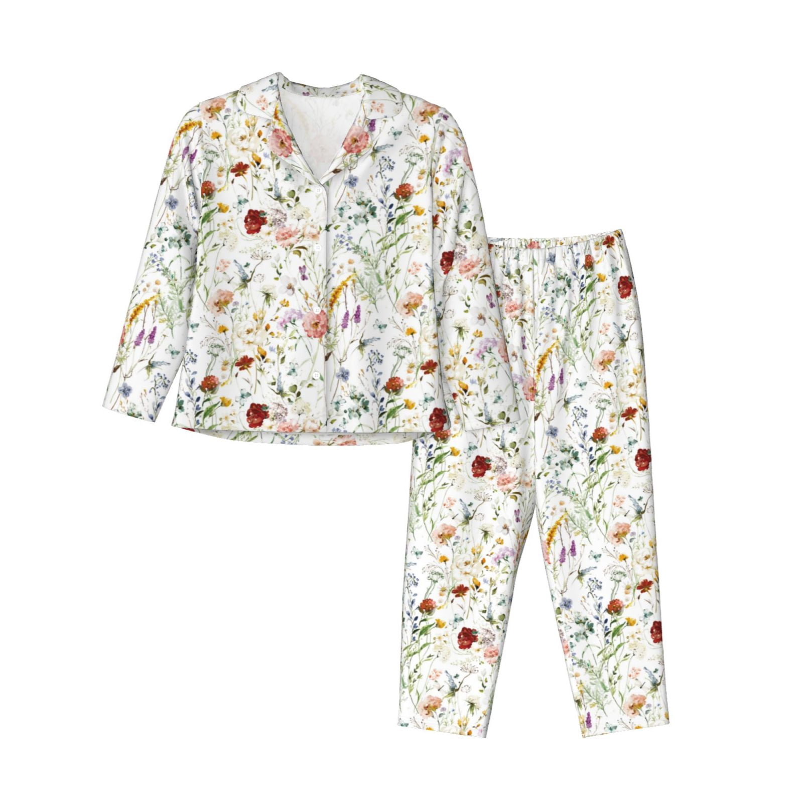 Pofeuu Wildflower Watercolor Print Womens Pajamas Set Long Sleeve ...
