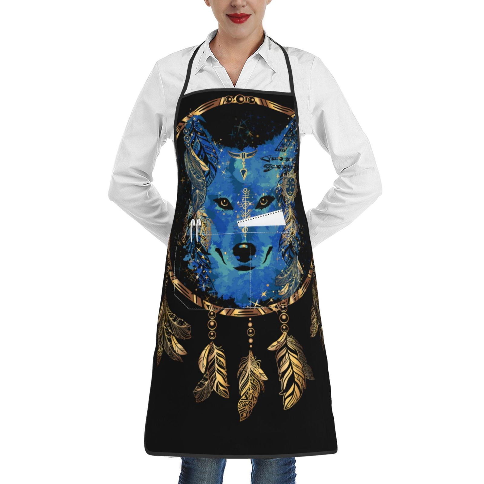 Pofeuu Wolf Head And Dreamcatcher Print Aprons with Pockets, Cute ...