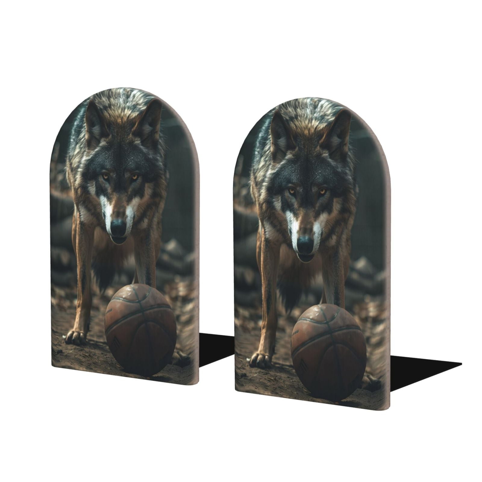 Pofeuu Wolf With Basketball Print Large Bookend Hold Heavy Books- Wood ...