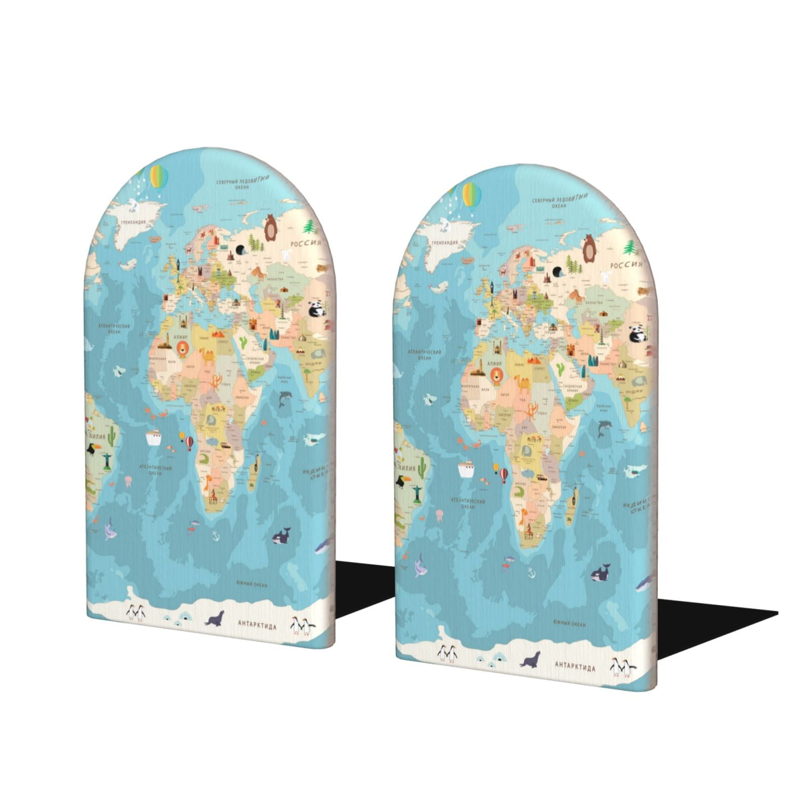 Pofeuu World Map With Animals 1 Print Large Bookend Hold Heavy Books ...
