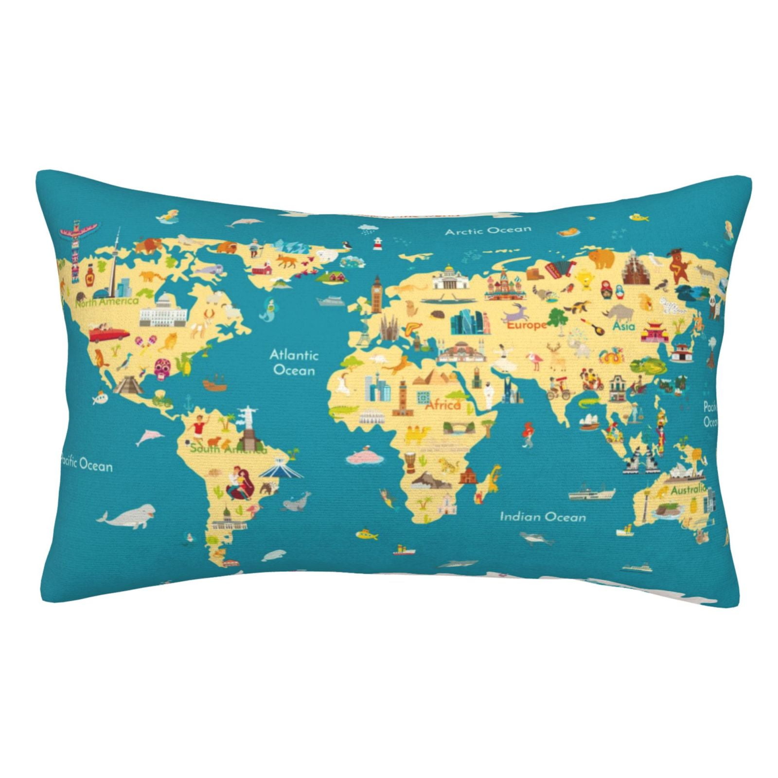 Pofeuu World Map With Landmarks Print Polyester Microfiber Plush ...