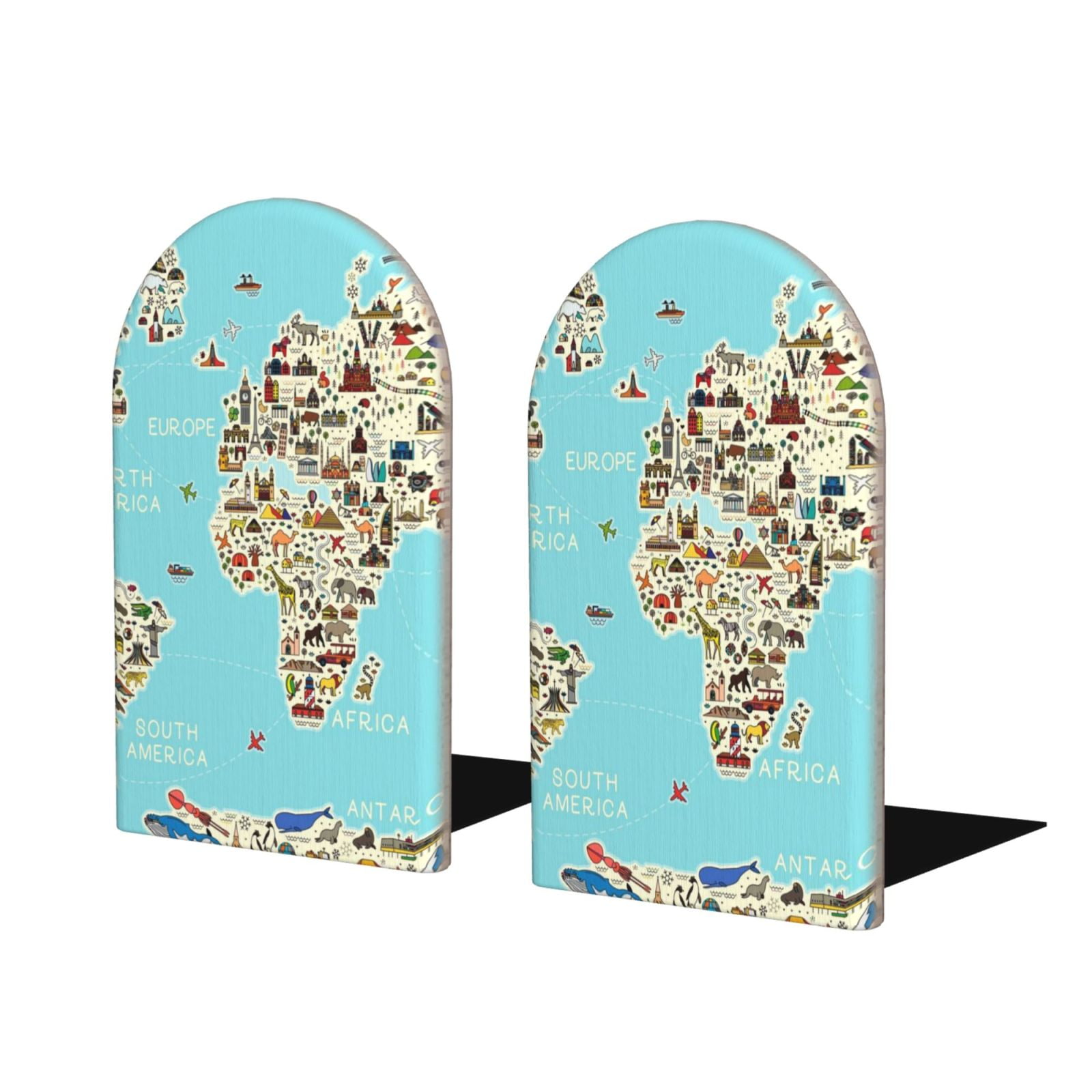 Pofeuu World Travel Line Icons Map Print Large Bookend Hold Heavy Books ...