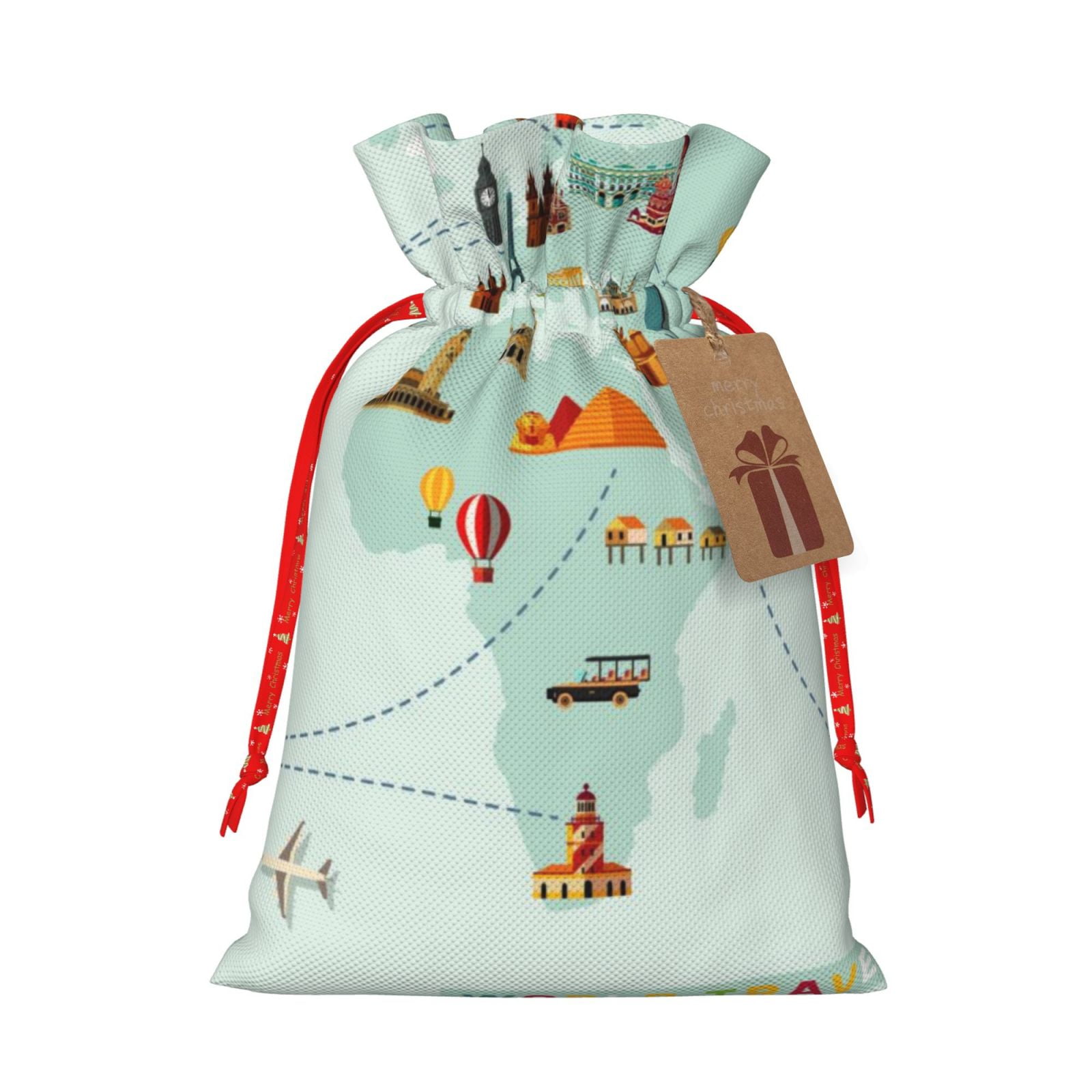 Pofeuu World Travel Map Print Burlap Bags with Drawstrings Drawstring ...
