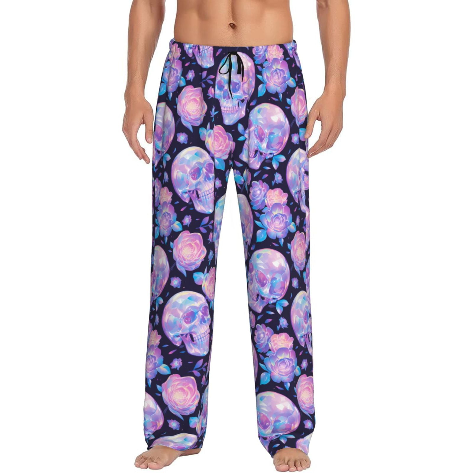 Pofeuu crystal Skull flower Print Men's Pajama Pants, Soft Lounge ...