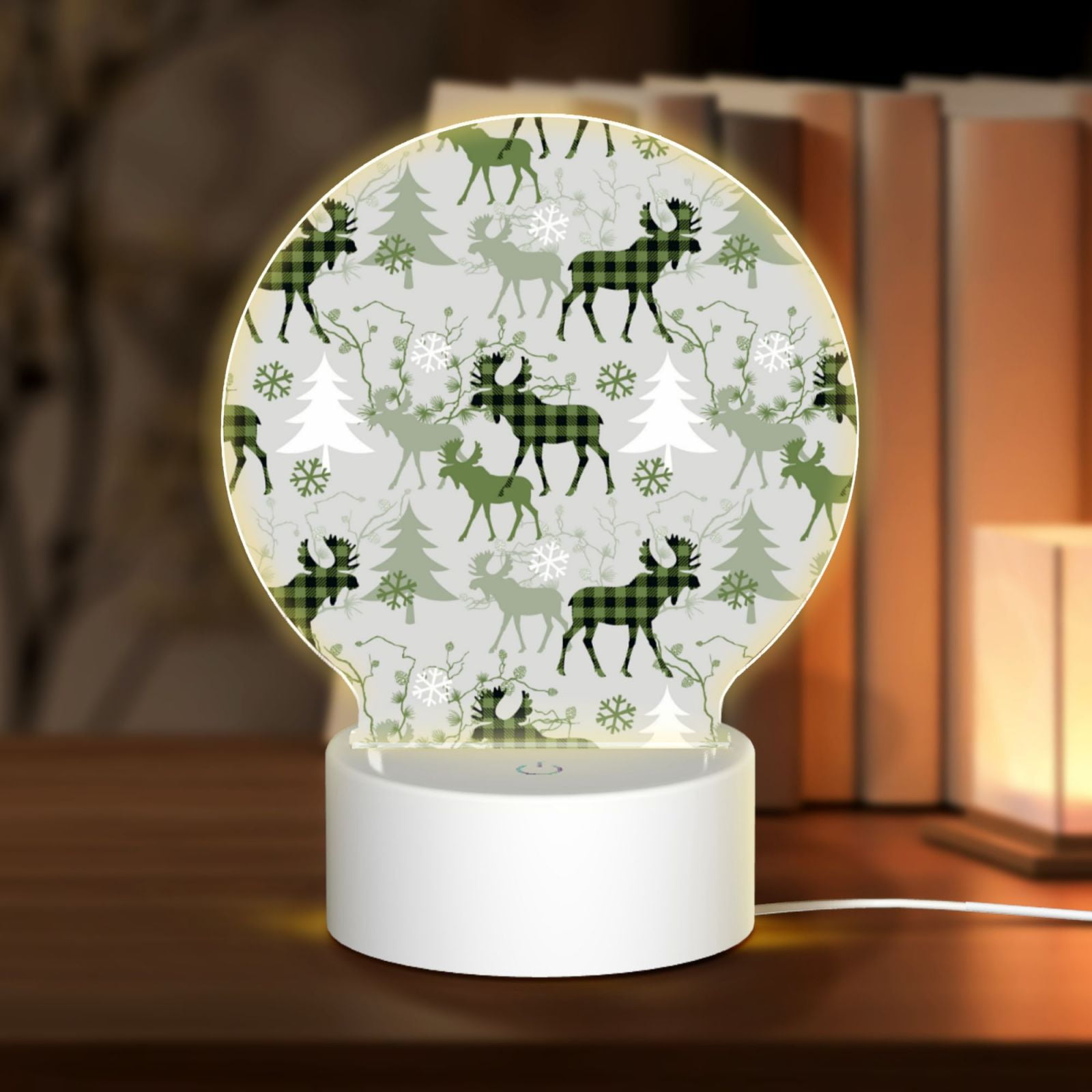 Pofeuu green plaid Moose tree Print LED Christmas Night Light Lamp Base ...