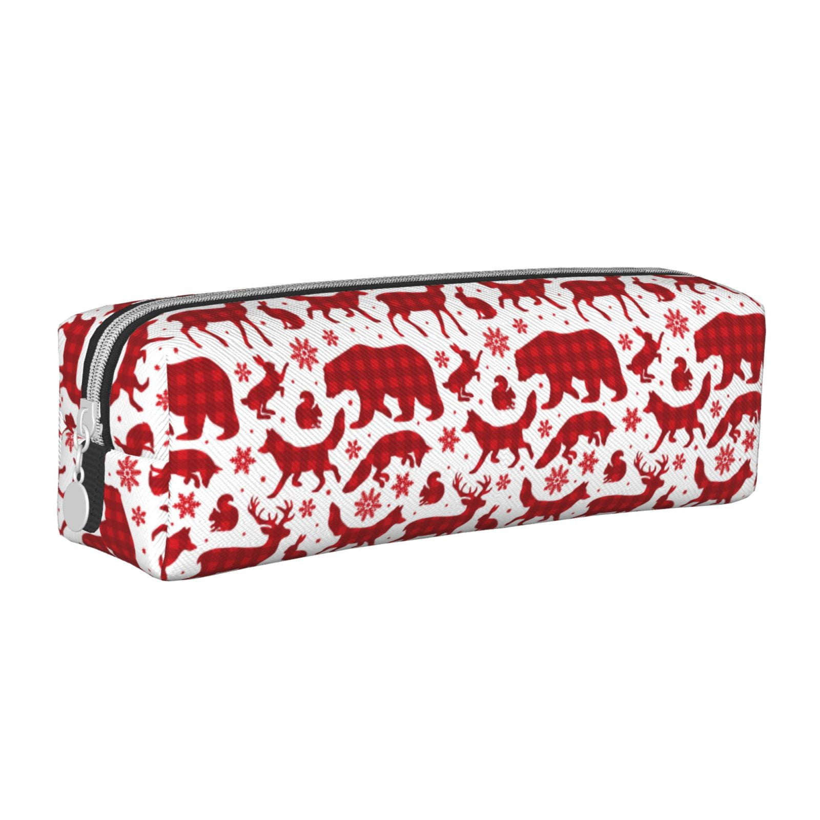 Pofeuu red plaid Moose Bunny bear Print Leather Pencil Case, Leather ...
