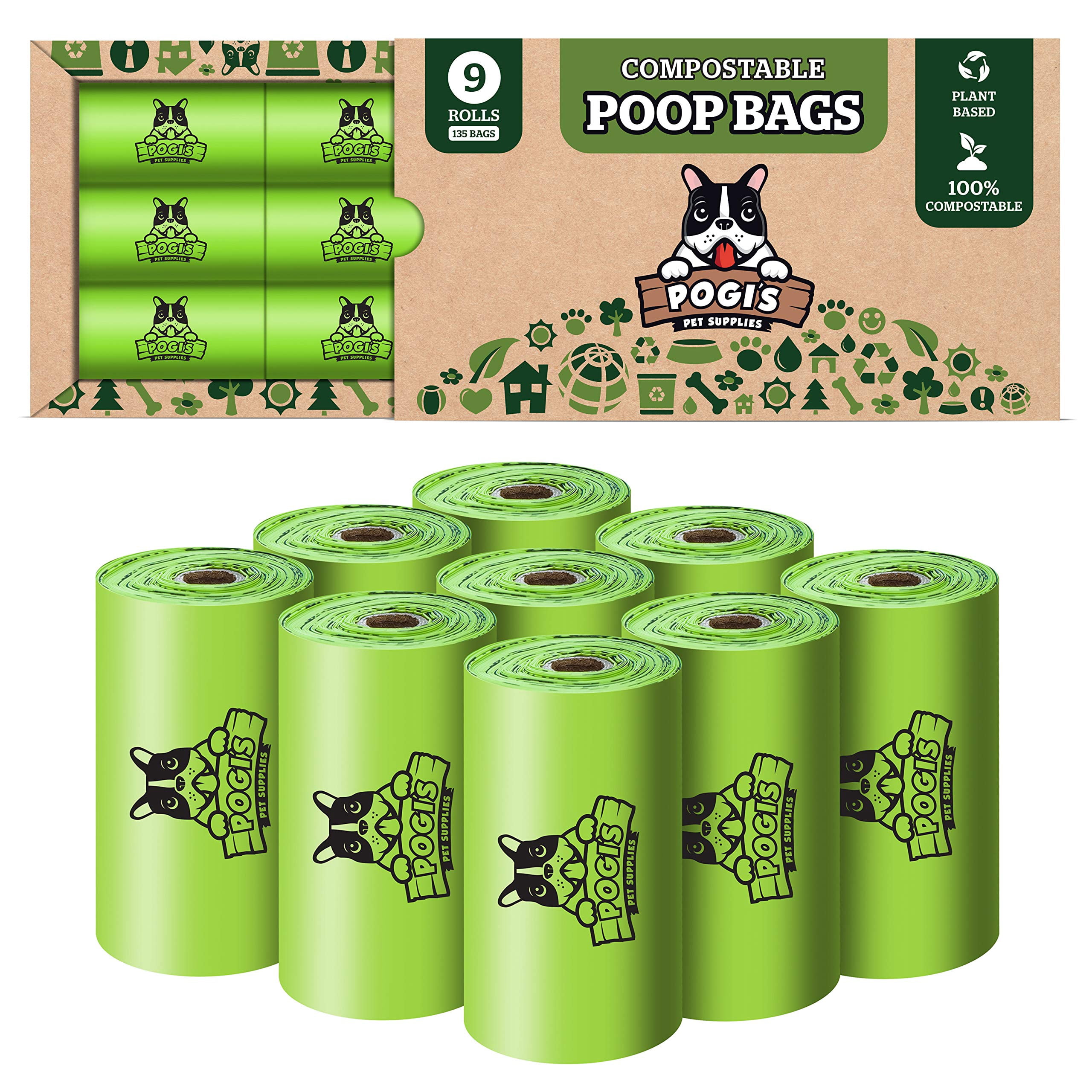Pogi's Compostable Dog Poop Bags - 9 Rolls (135 Doggie Poop Bags ...