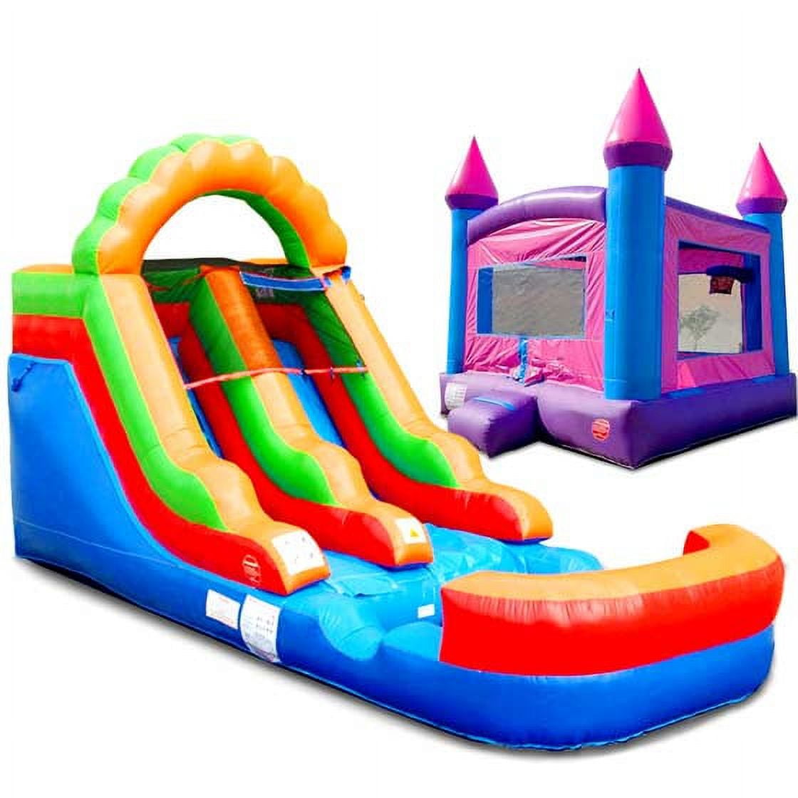 Pogo Kids Bouncy House and Water Slide Duo, Pink Jumper with Rainbow ...