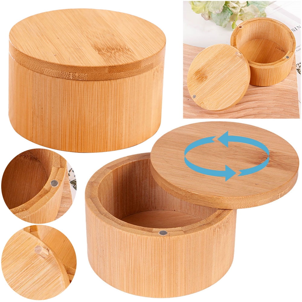Pohot Bamboo Salt Cellar with Magnetic Swivel Lid Bamboo Storage Box ...