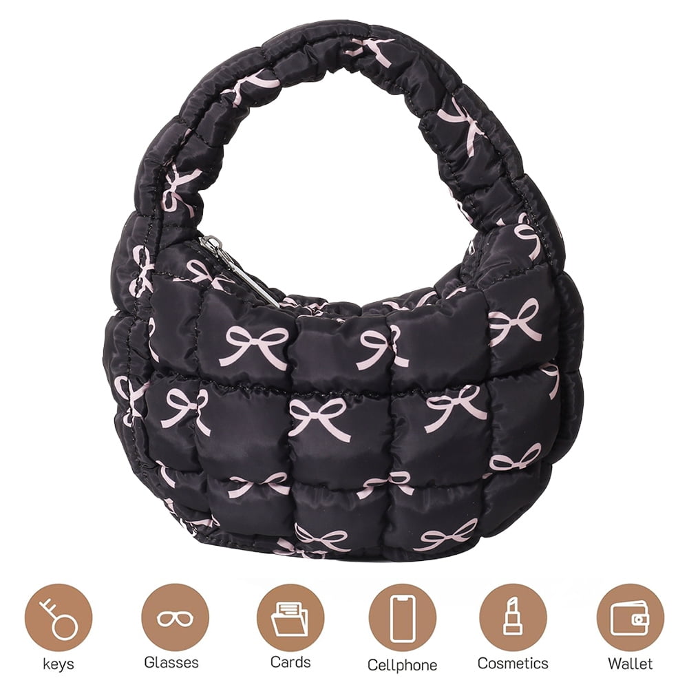 Pohot Puffer Bag for Women Bowknot Print Mini Cloud Pleated Bag Trendy ...