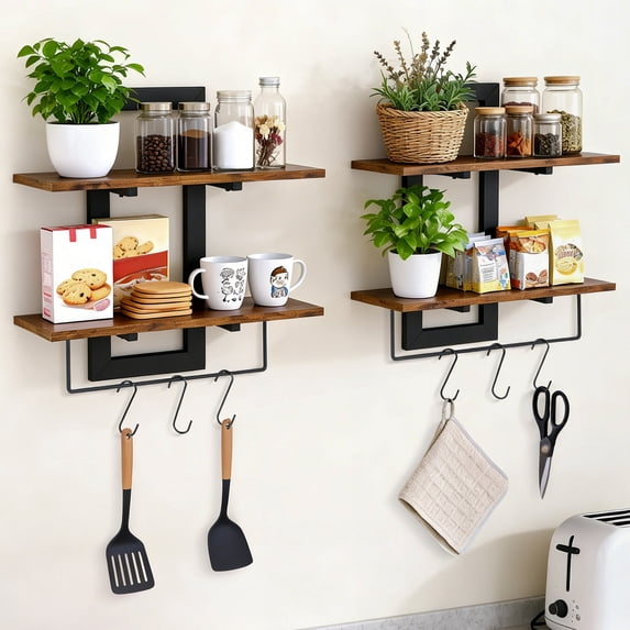 Wood Floating Shelves for Wall, 2-Tier Wall Mounted Rustic Wood Shelves ...