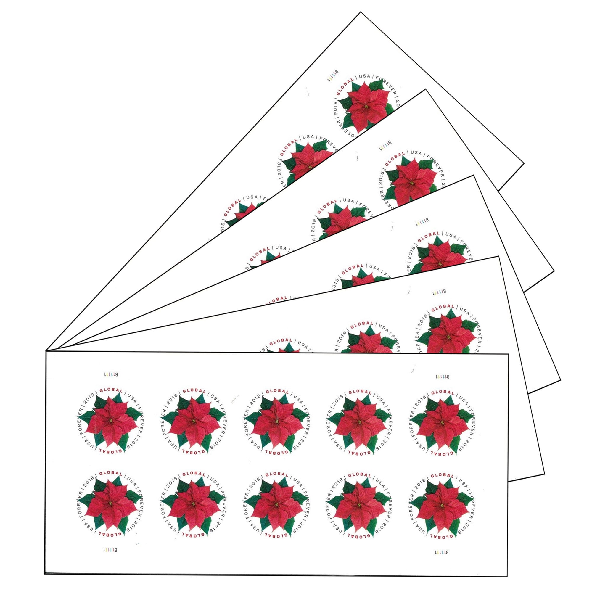 USPS Global Forever Poinsettia Stamps - 50 Count (5 Sheets of 10 ...