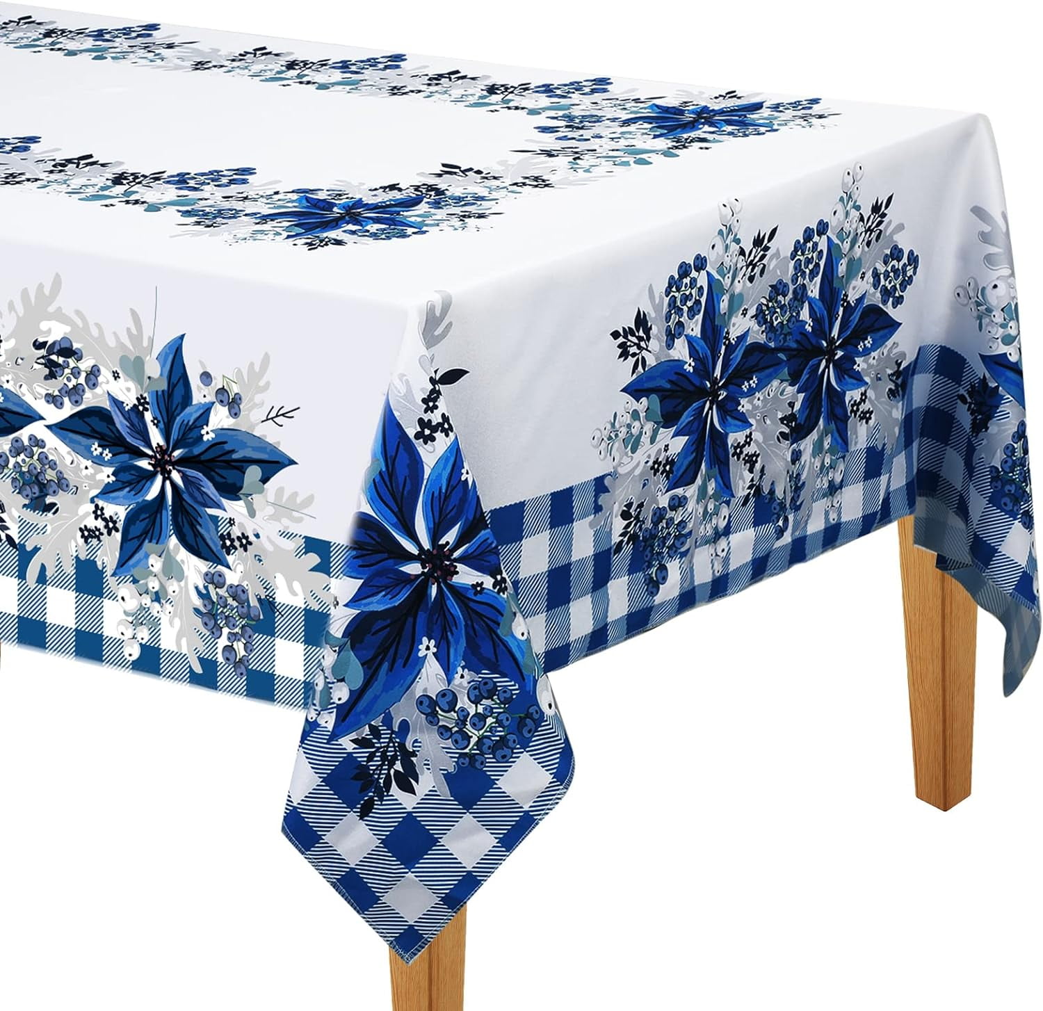 Poinsettia Christmas Tablecloth Blue White Buffalo Plaid Bordered ...