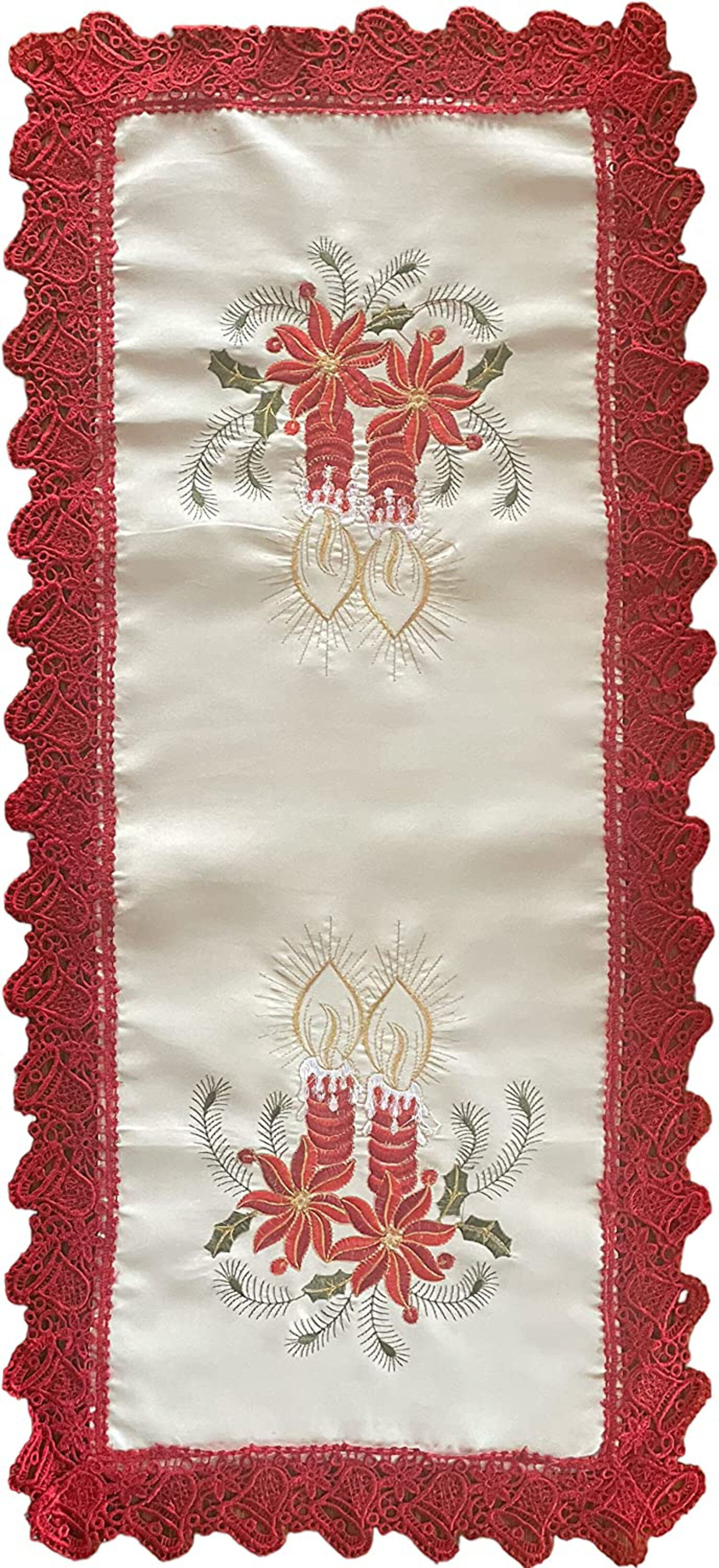 Poinsettia Flower with Candle Embroidery on Beige Base with Red Lace ...