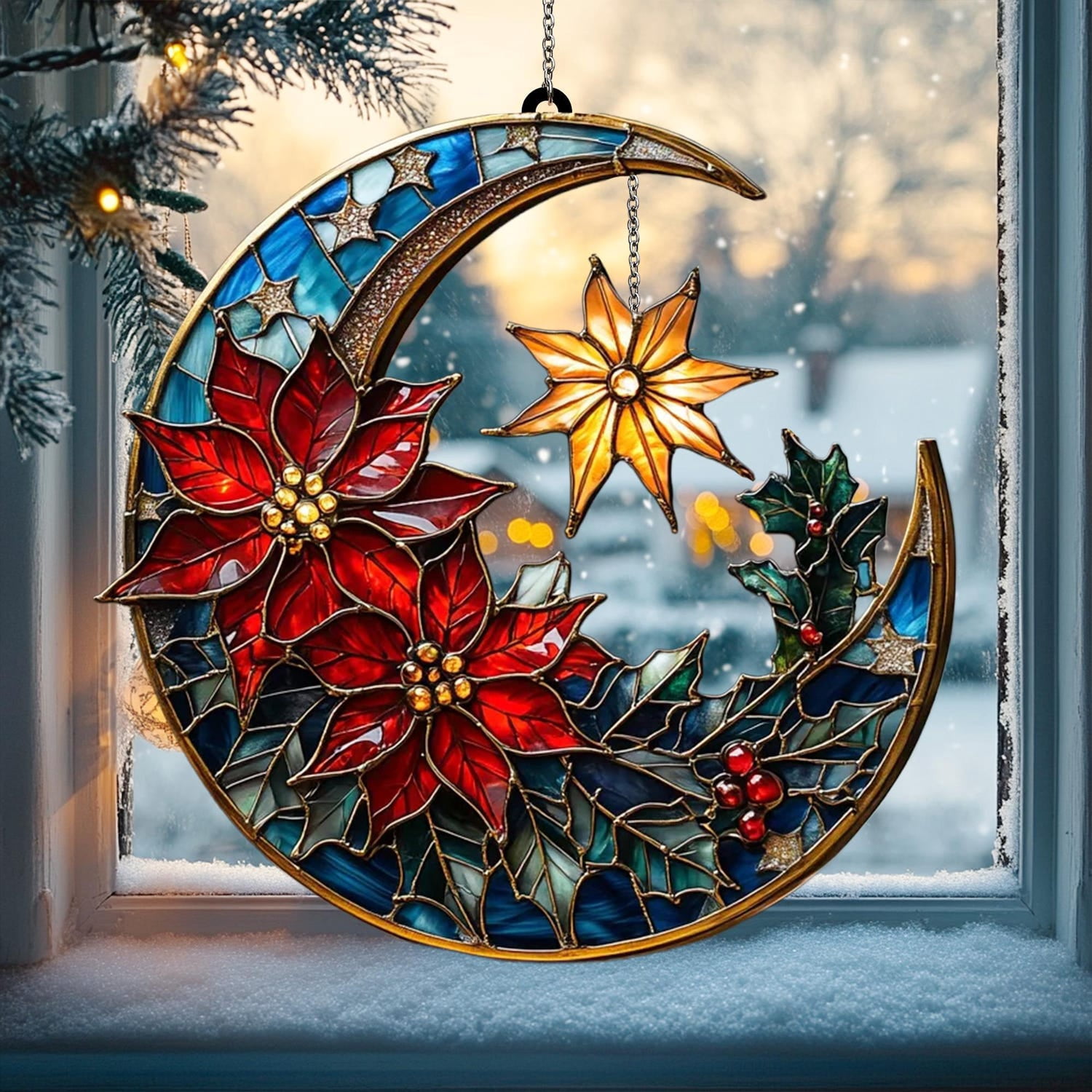 Poinsettia & Holly Crescent Moon ACRYLIC Suncatcher – Red Christmas ...