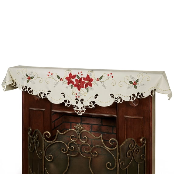 Poinsettia Palace Embroidered Contour Cut Light Cream Mantel Scarf 72 x ...