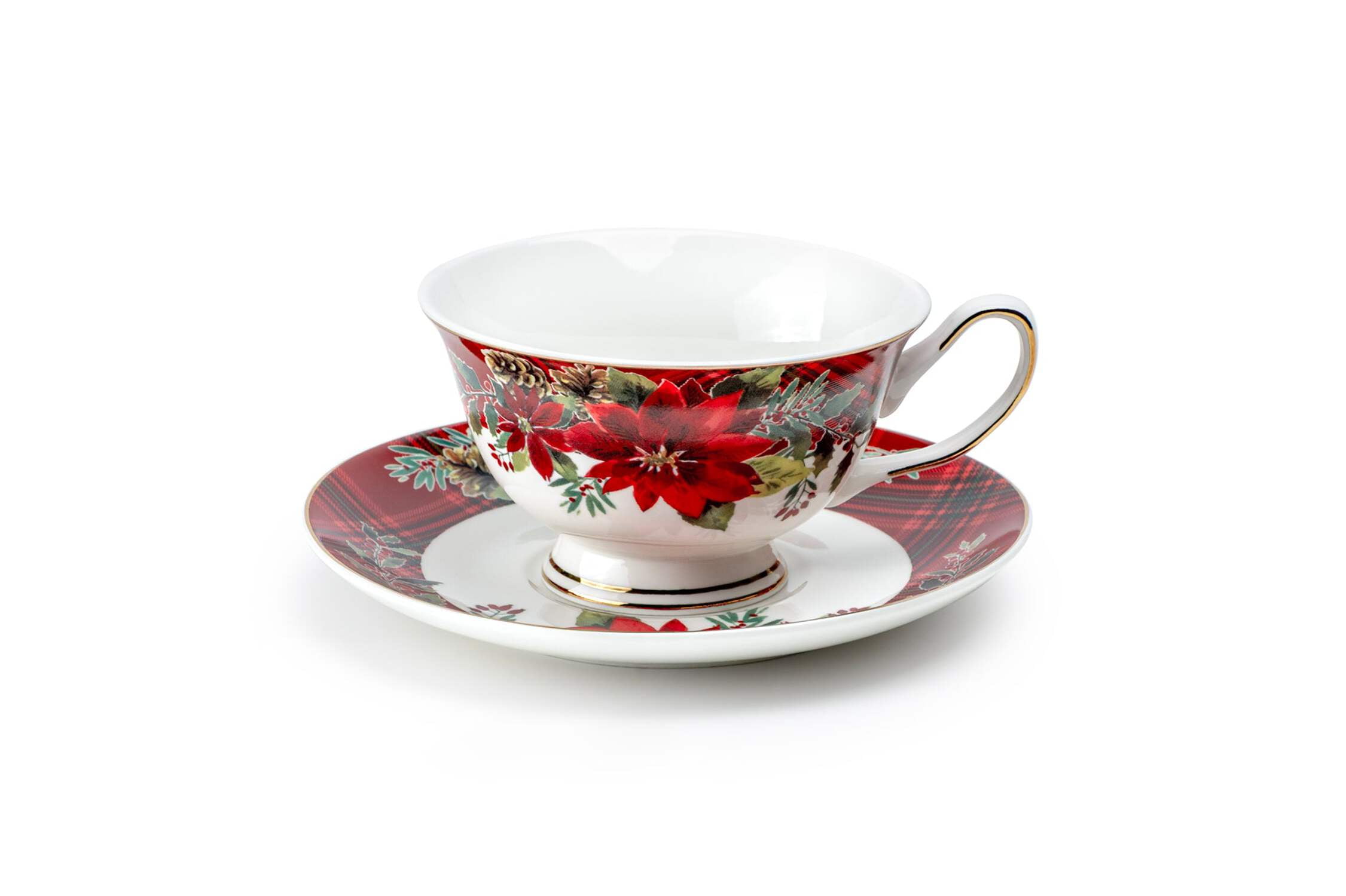 Poinsettia Pine Cone Fine Porcelain Tea Cup and Saucer - Walmart.com